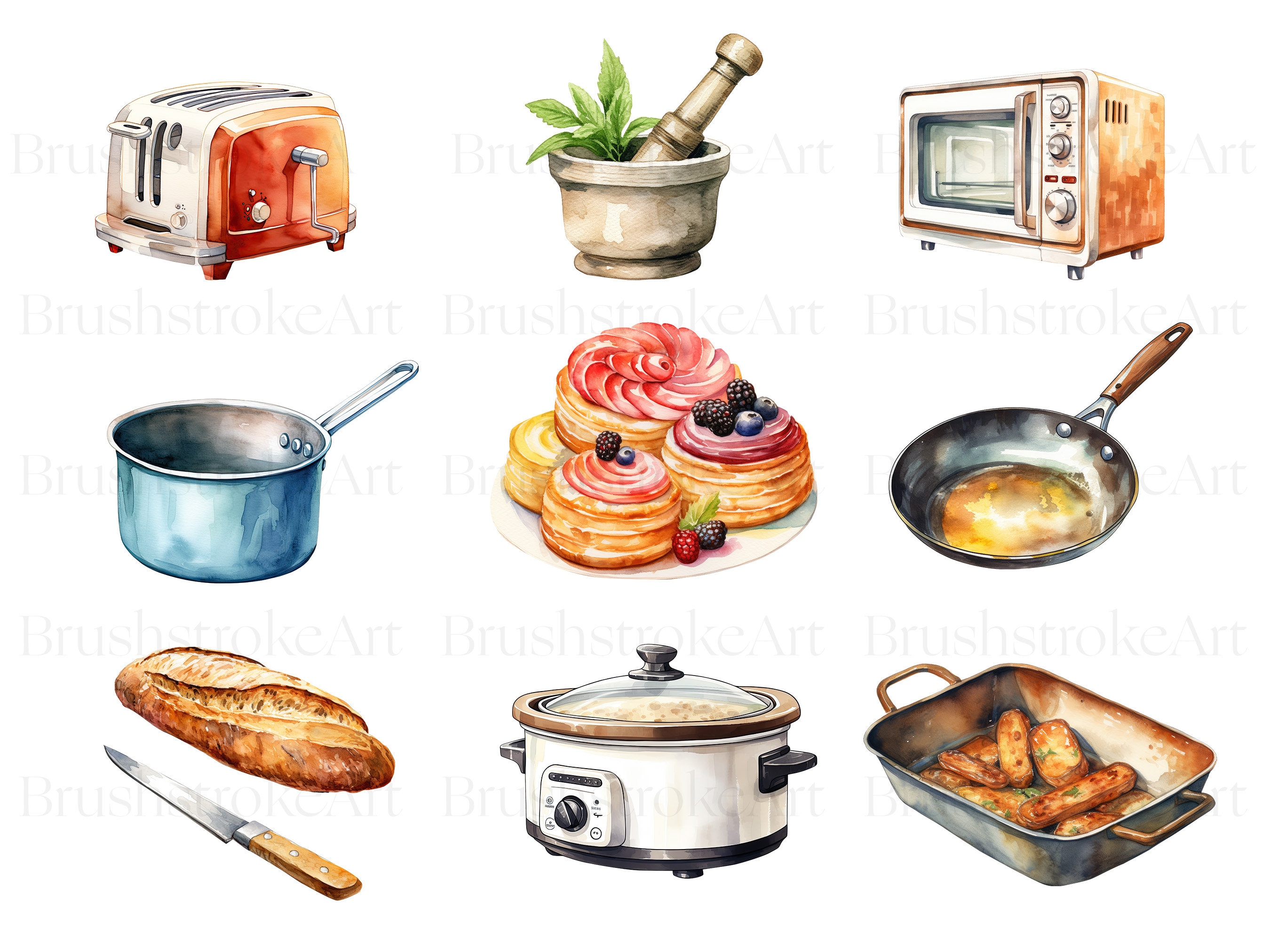 Watercolor Kitchen Clipart, Kitchen Utensils, Tools, Pots, Baking ...