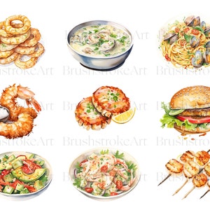 Watercolor Seafood Clipart, Oyster, Salmon, Fish Clipart, Crawfish ...