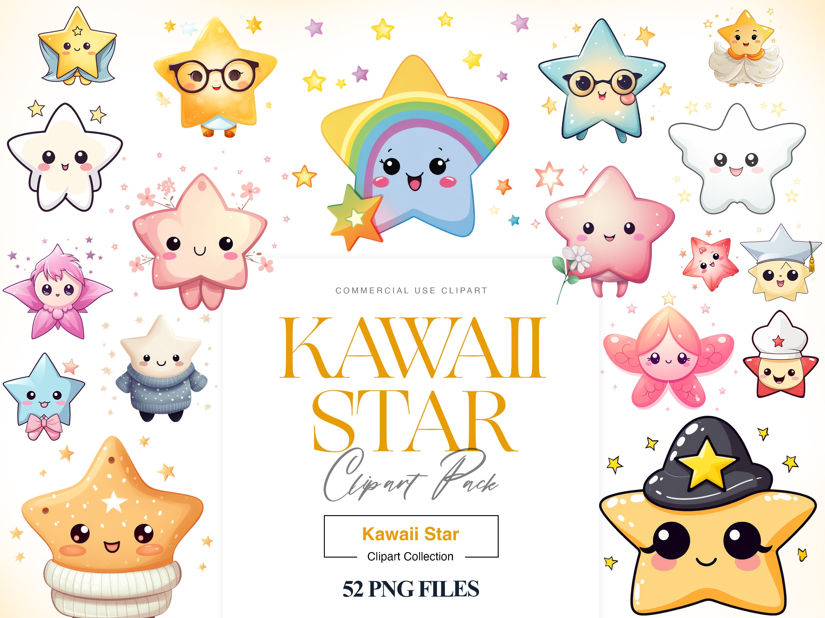 Kawaii Stars Clipart, Smiley Star, Kawaii Stickers, Baby Stars, Rainbow ...