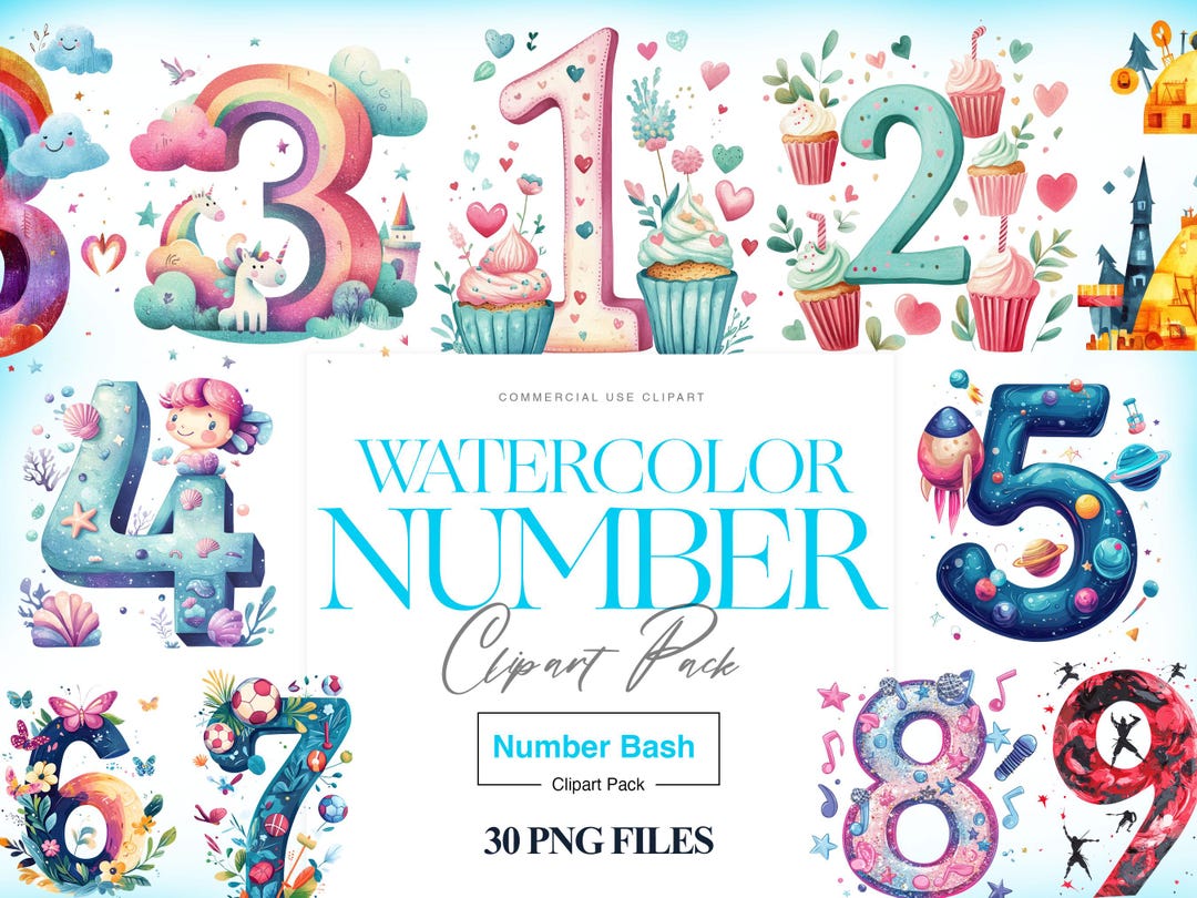 Watercolor Numbers Clipart, Birthday Numbers, Party, Colorful Numbers ...