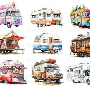Watercolor Caravan Clipart, Camper Van, Vintage Vehicle, Camping ...