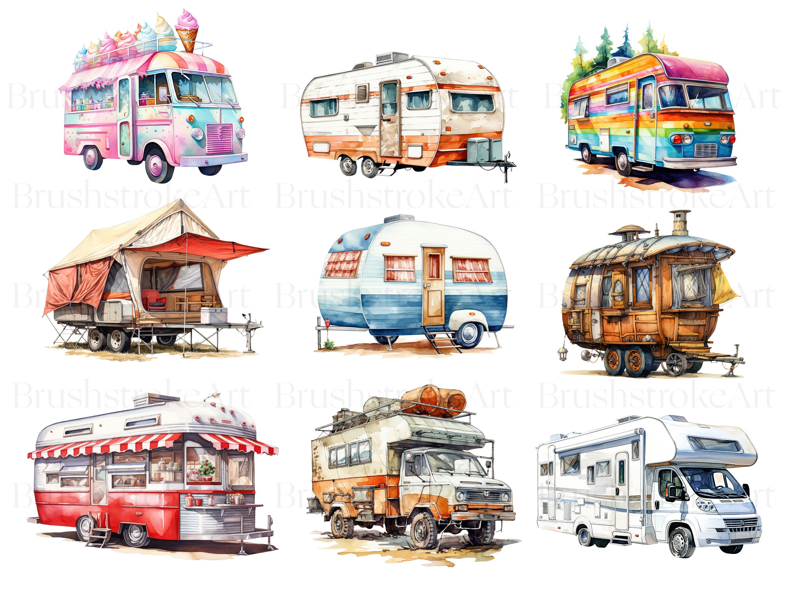 Watercolor Caravan Clipart, Camper Van, Vintage Vehicle, Camping ...