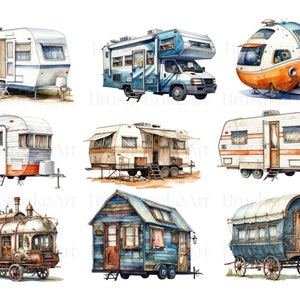Watercolor Caravan Clipart, Camper Van, Vintage Vehicle, Camping ...