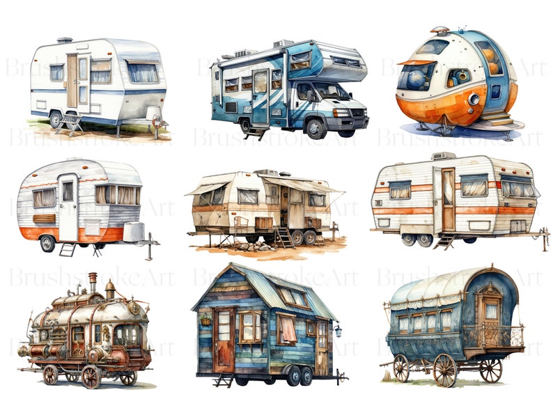 Watercolor Caravan Clipart, Camper Van, Vintage Vehicle, Camping ...