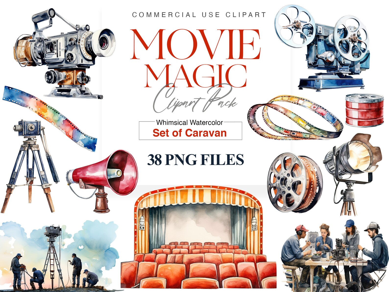 Movie Clipart, Theatre, Popcorn, Camera PNG, Watercolor Film, Cinema ...