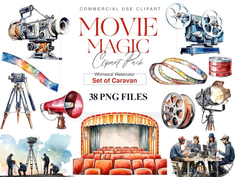 Movie Clipart, Theatre, Popcorn, Camera PNG, Watercolor Film, Cinema ...