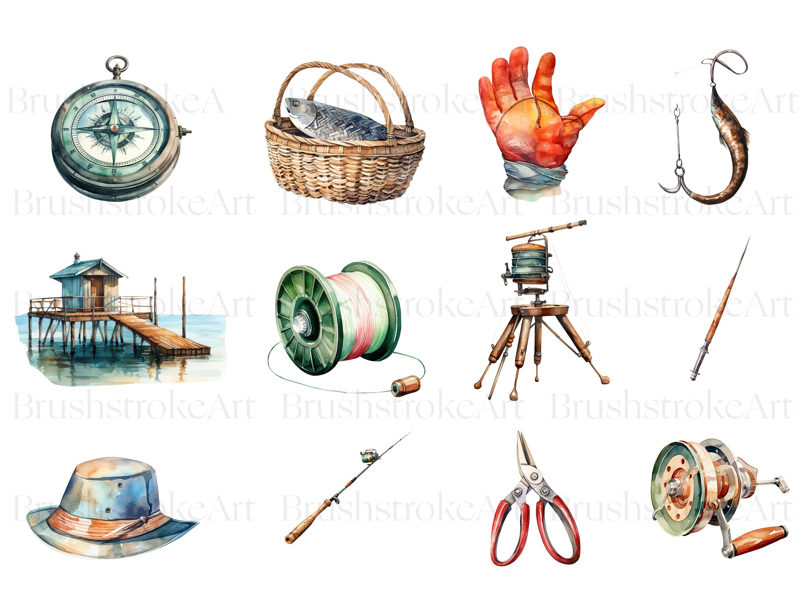 Watercolor Fishing Clipart, Fisherman, Can of Worms, Fishing Rods, Boat ...