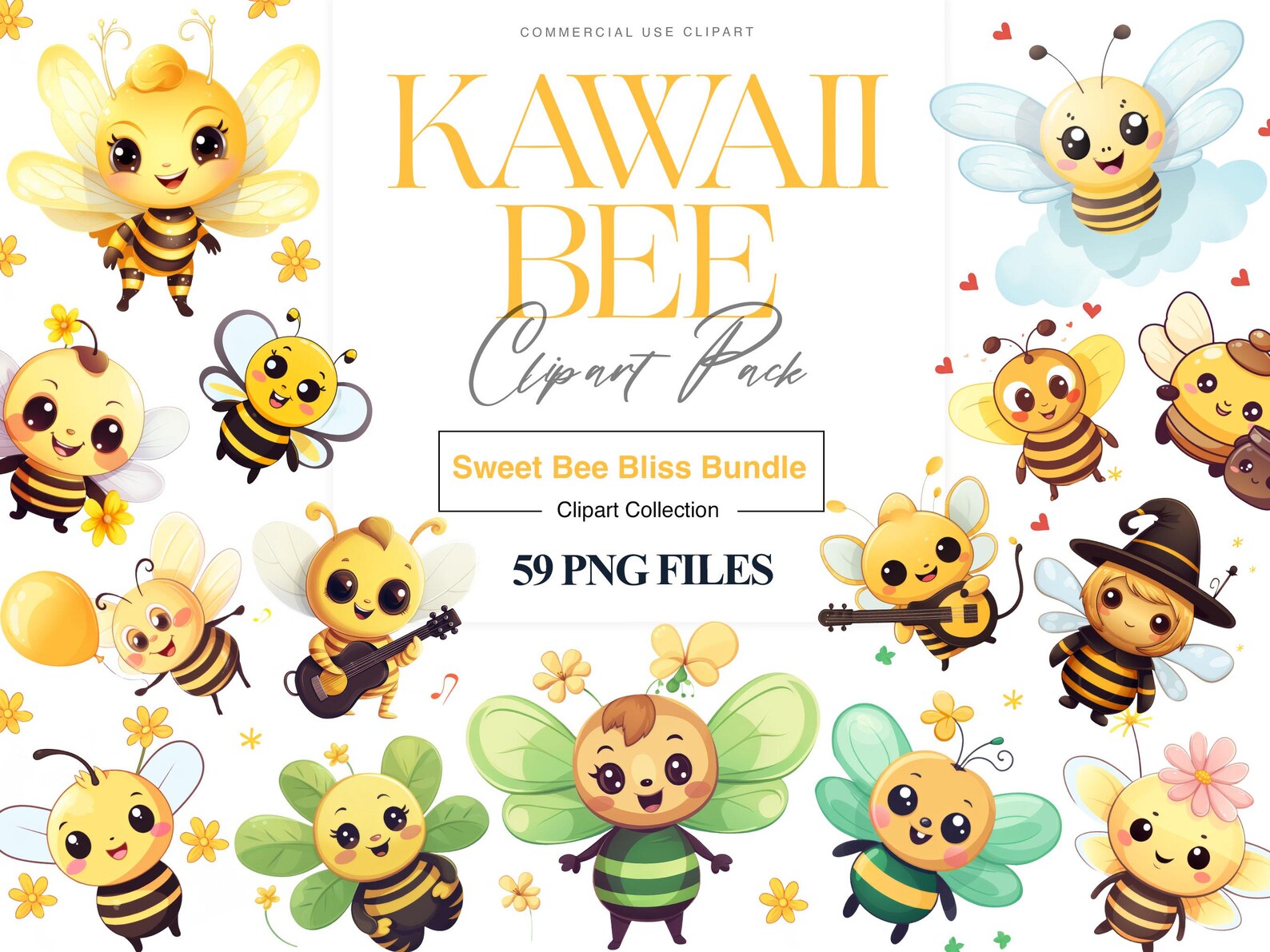 Kawaii Bee Clipart, Honeybee, Cute Bumble Bee Clipart, Cartoon Bee ...