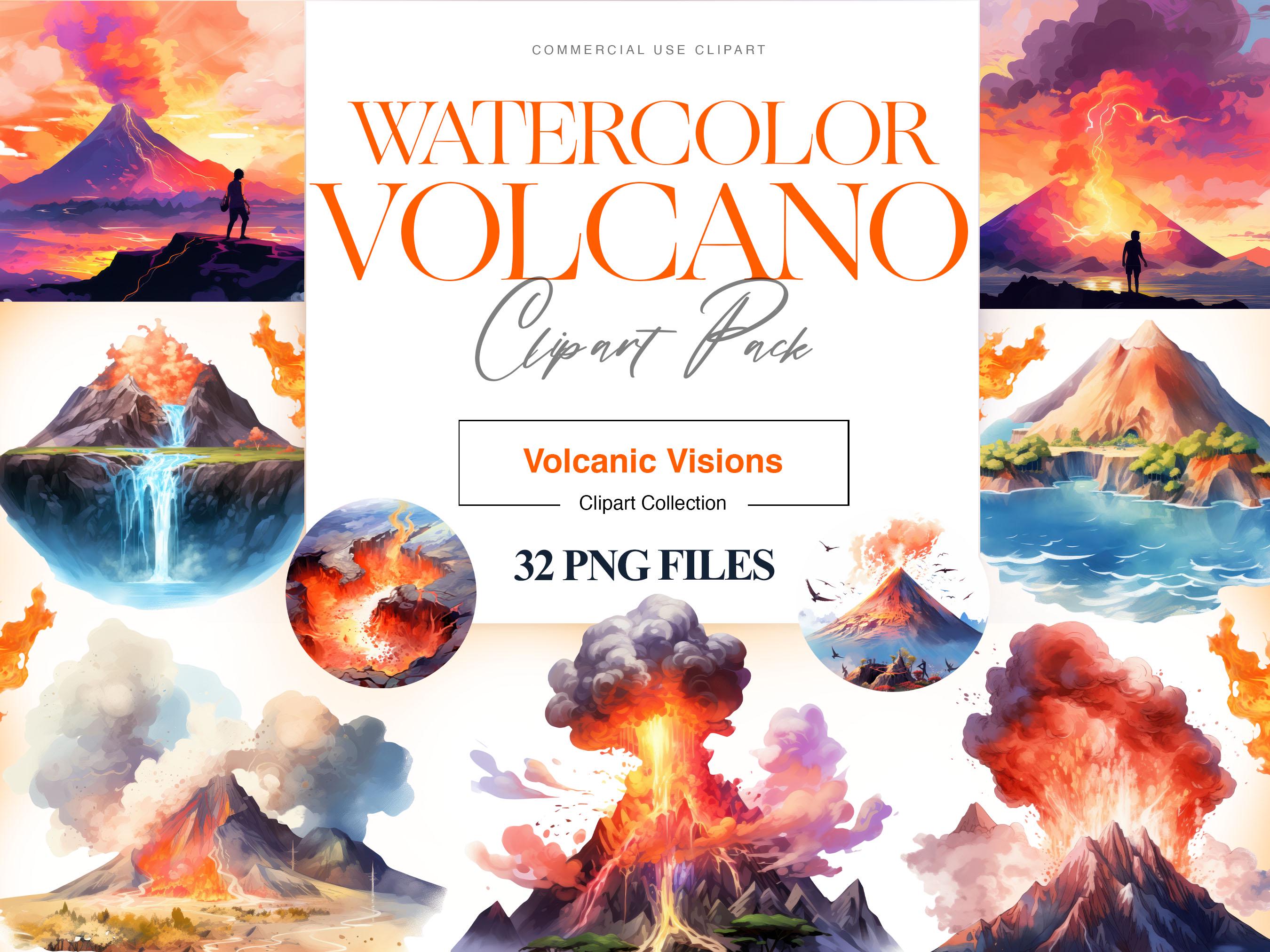 Watercolor Volcano Clipart, Erupting Volcano PNG, Lava, Fire Graphics ...