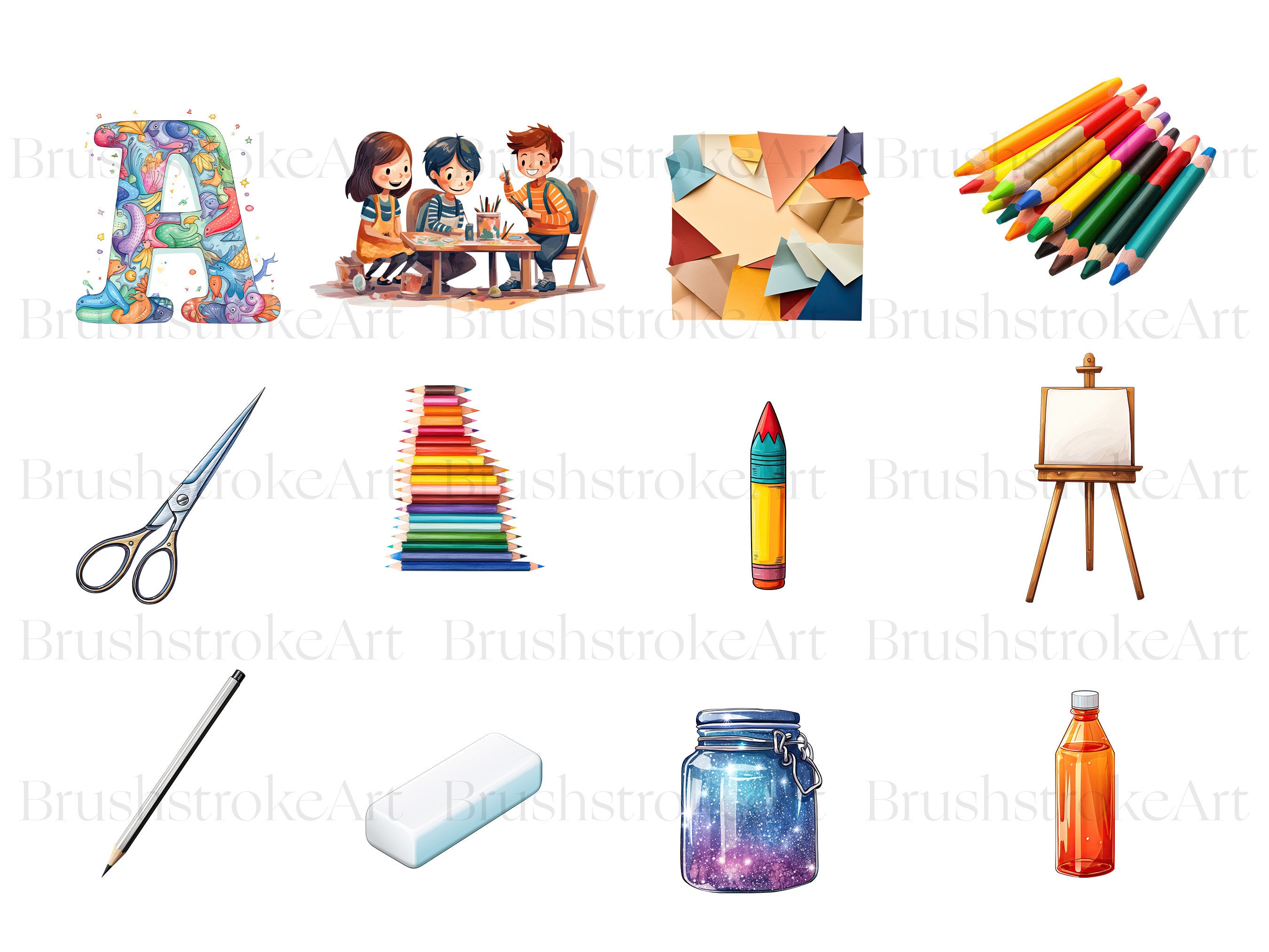 Watercolor Kids Art Clipart, Children's Activity, Paint Brush, Crayons ...