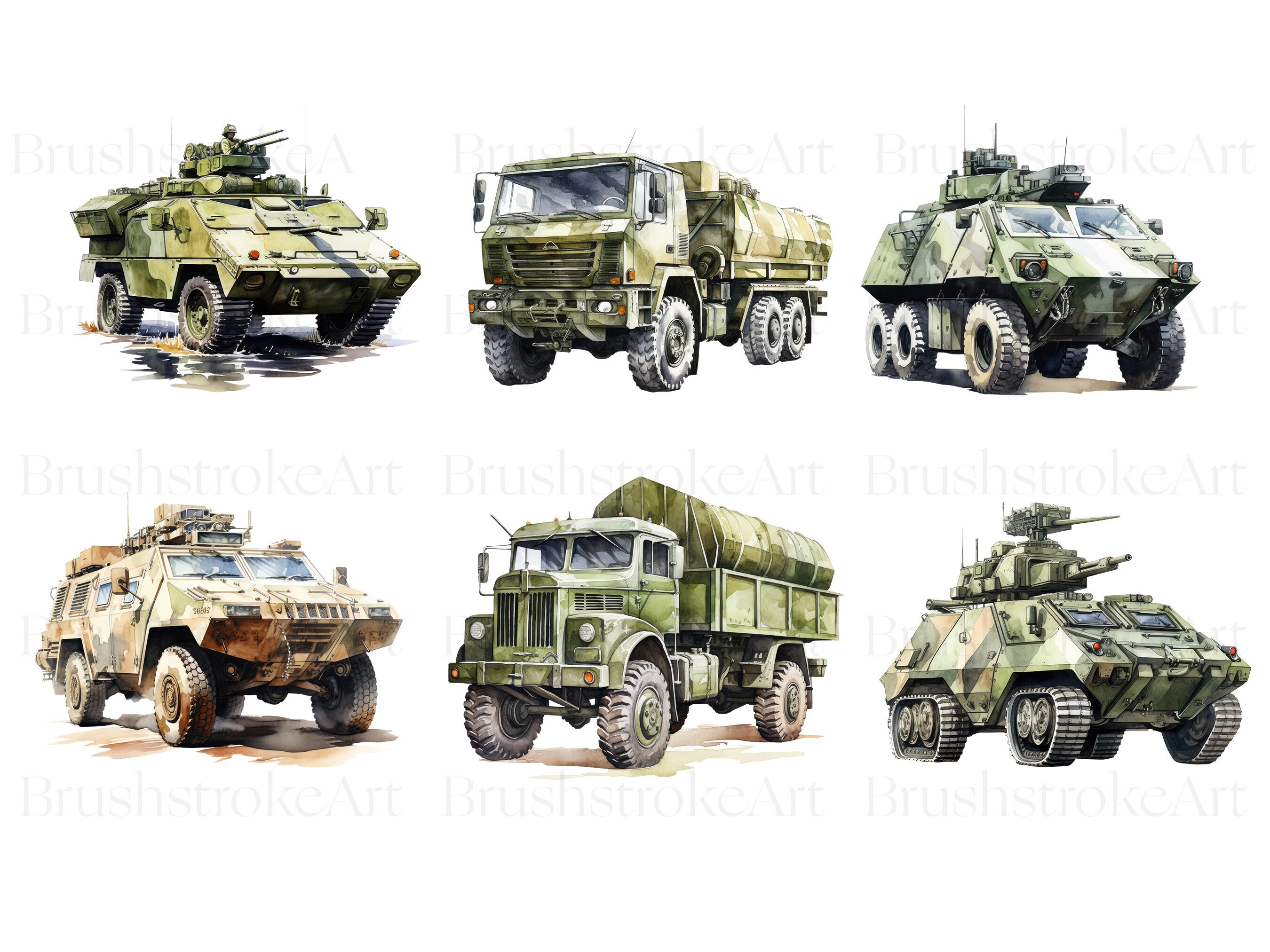 Watercolor Army Vehicle Clipart, Tank, Helicopter, Fighter Jet, Plane ...