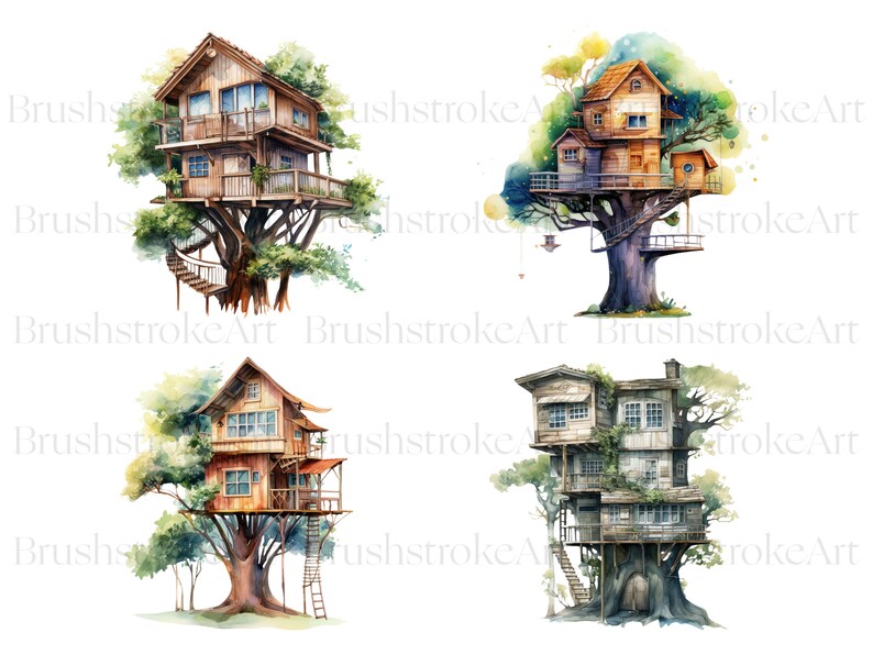 Watercolor Treehouse Clipart, Cute Treehouses, Garden House, Woodland ...