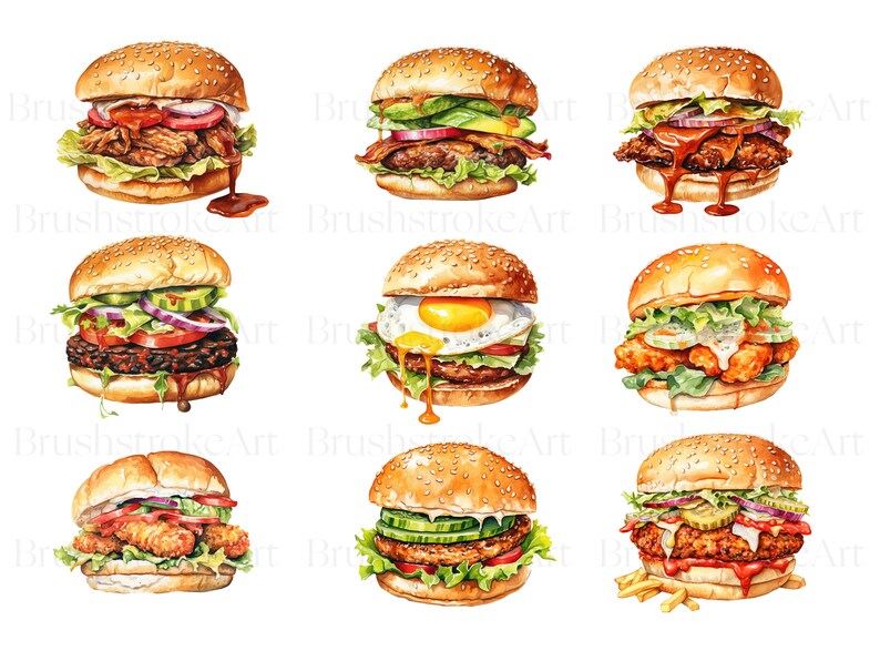 Watercolor Burger Clipart, Cheeseburger, Hamburger, Barbecue Party ...