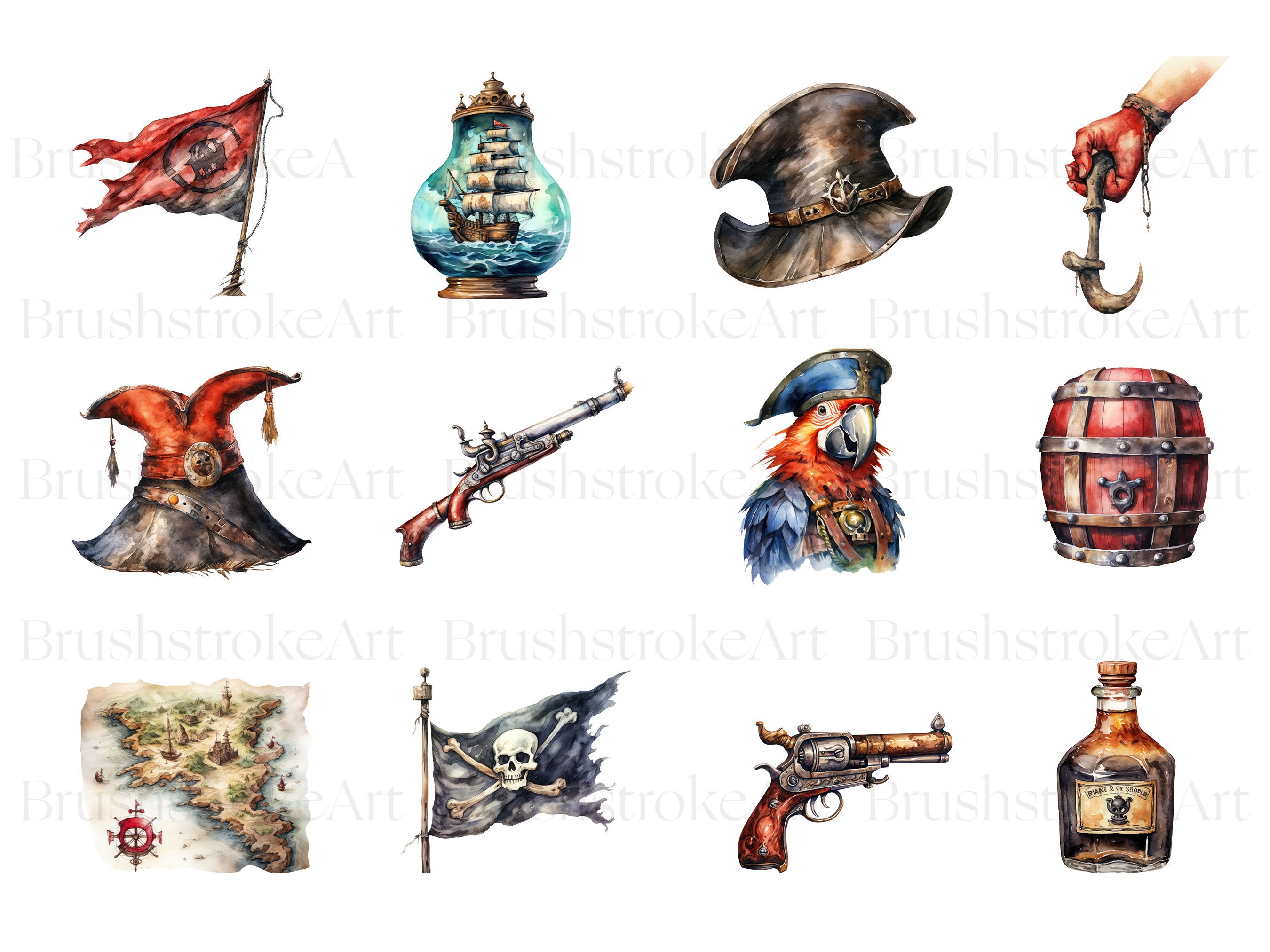 Watercolor Pirates Clipart, Pirate Ship, Hat, Boots, Skull, Treasure ...