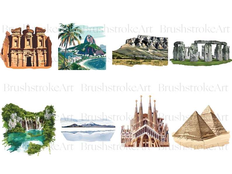World Landmarks Clipart, Watercolor Landmarks PNG, Eiffel Tower, Mount ...