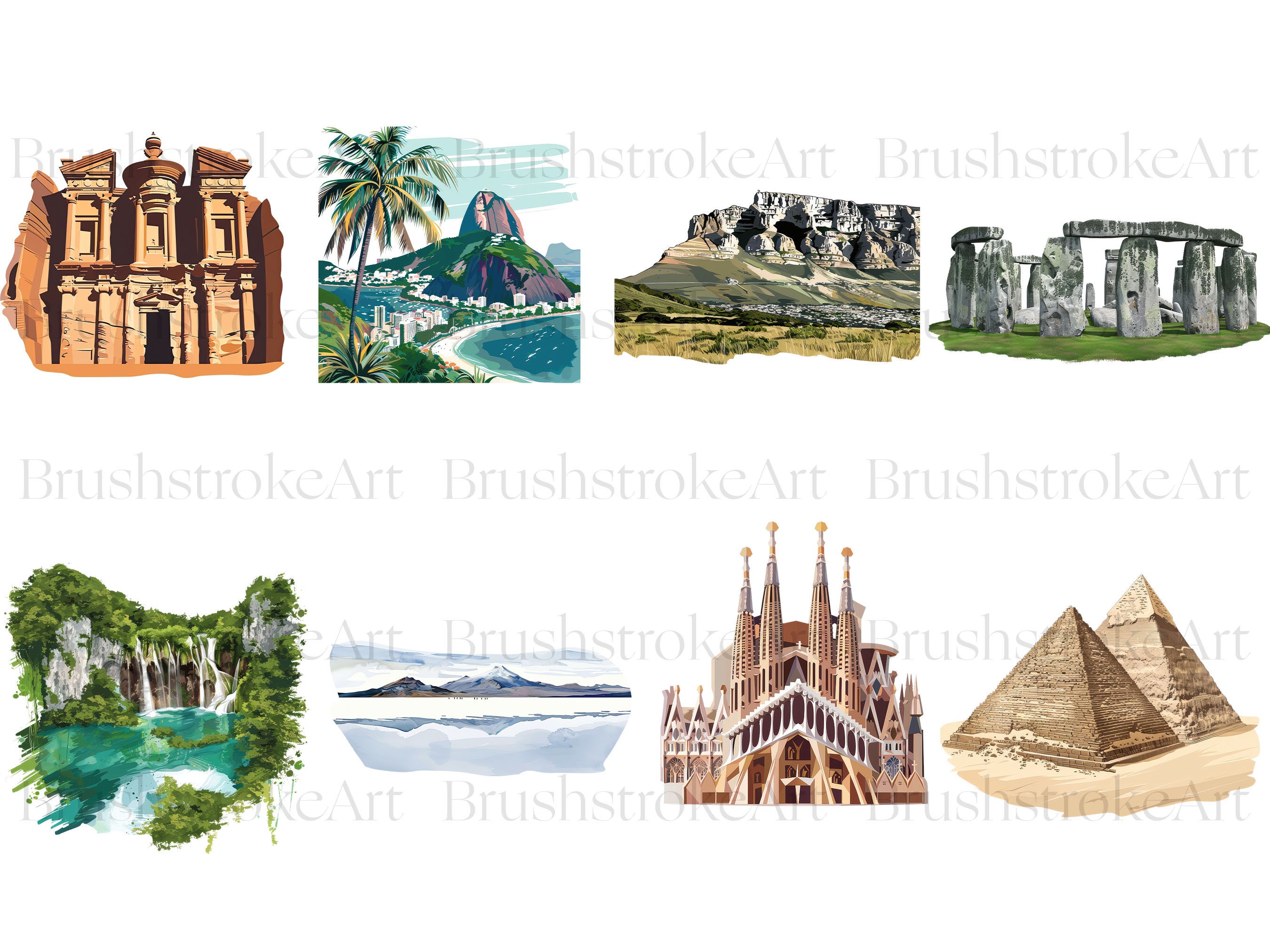 World Landmarks Clipart, Watercolor Landmarks PNG, Eiffel Tower, Mount ...