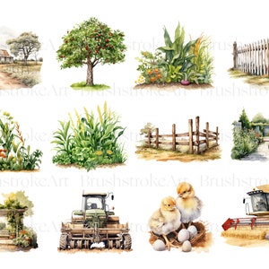 Rustic Farm Clipart, Farmhouse, Farmer, Scarecrow, Tractor, Hay Bale ...