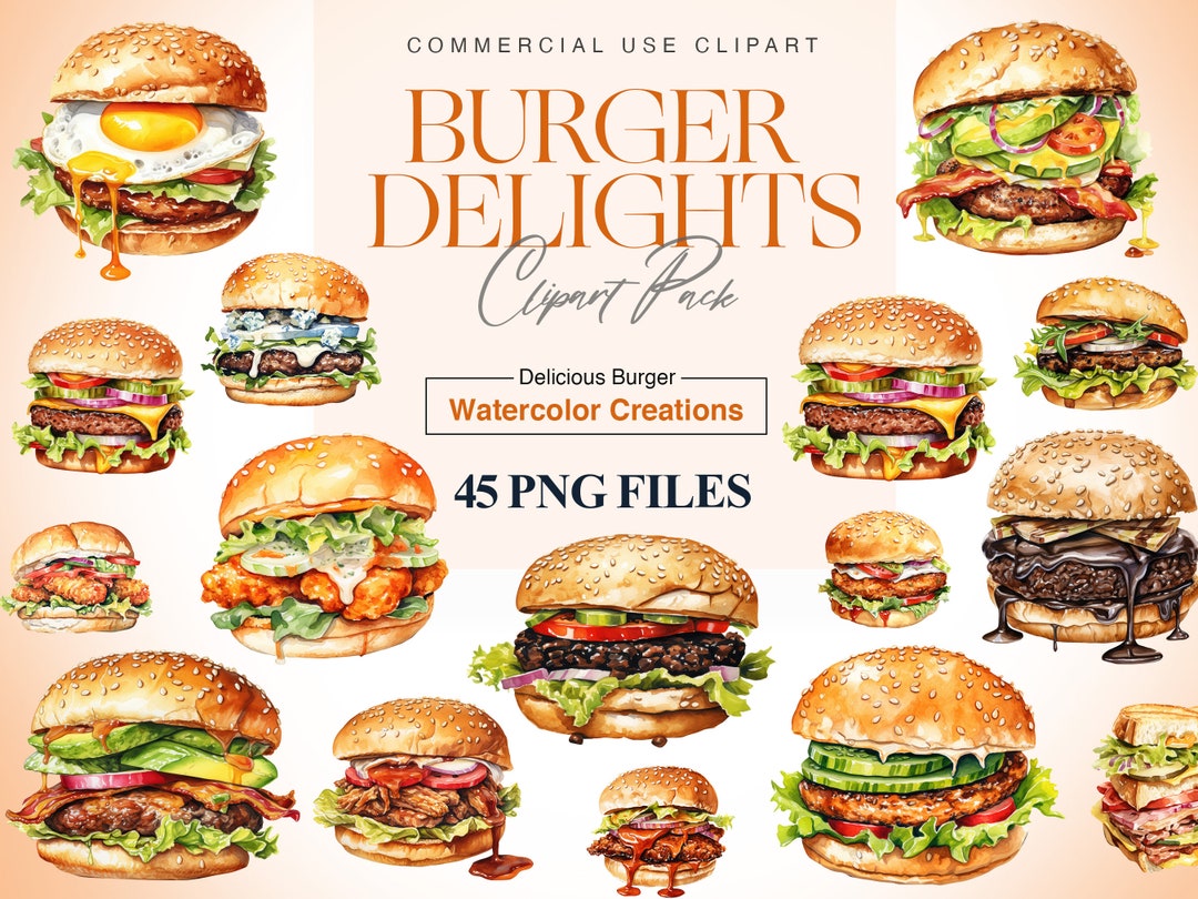 Watercolor Burger Clipart, Cheeseburger, Hamburger, Barbecue Party ...