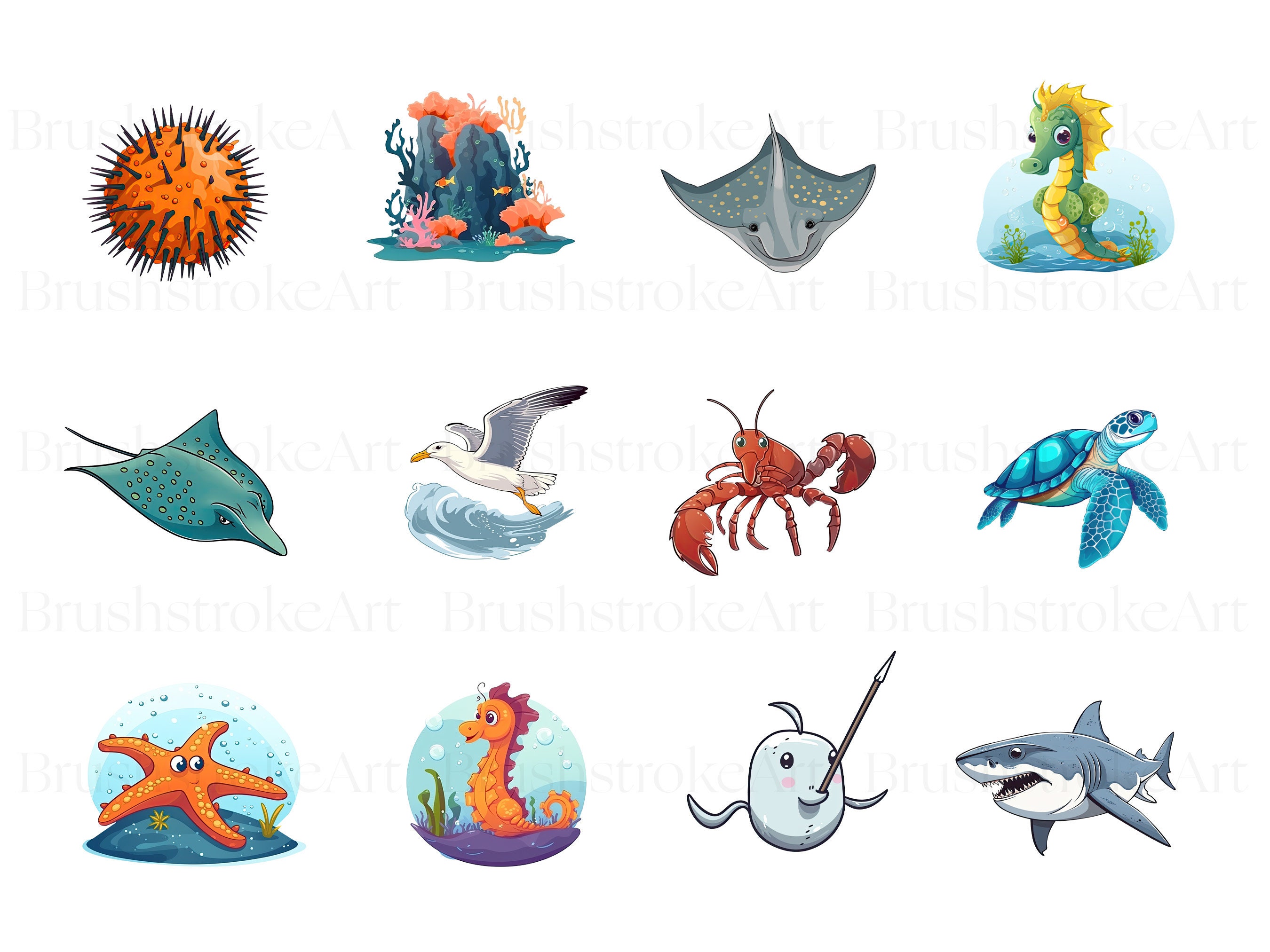 Underwater Animals Clipart Cartoon Style PNG Graphics of Sea Life for ...