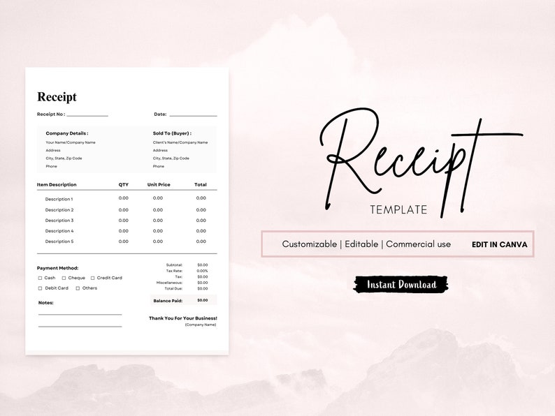 Canva Receipt Template, Editable Receipt, Printable Form, Cash Receipt ...