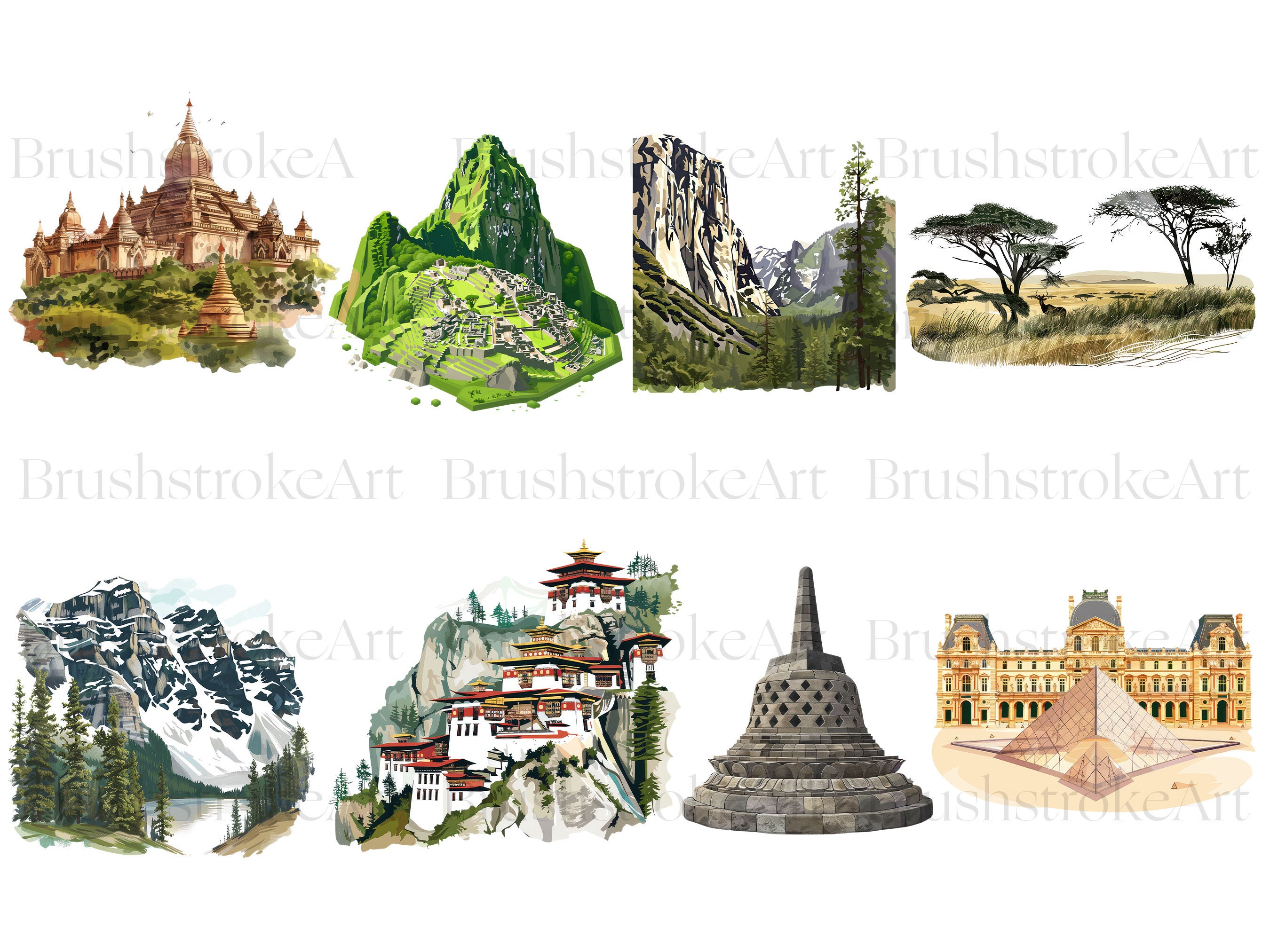 World Landmarks Clipart, Watercolor Landmarks PNG, Eiffel Tower, Mount ...