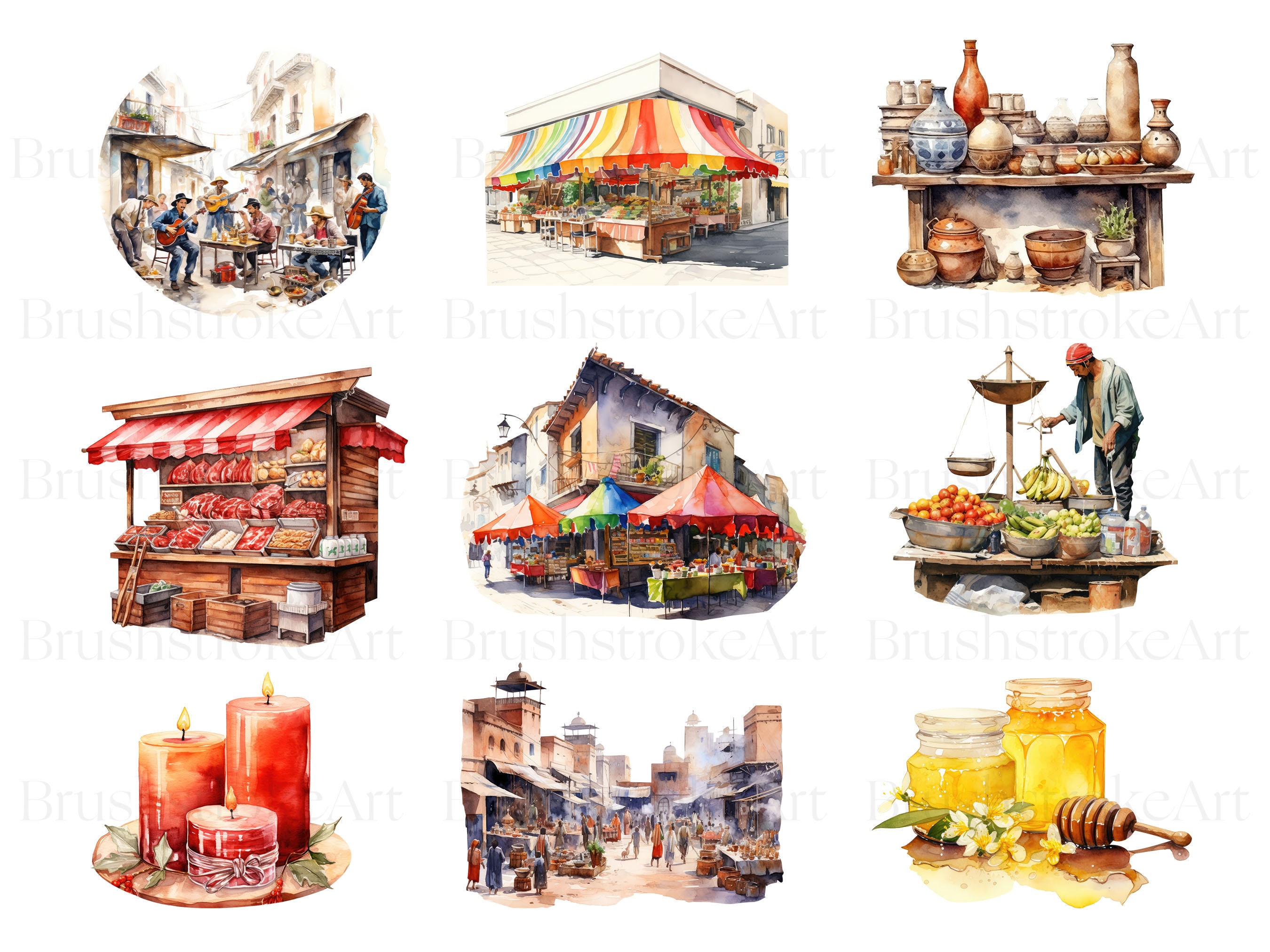 Watercolor Market Clipart, Farmers Market, Fish Market, Fruits Basket ...