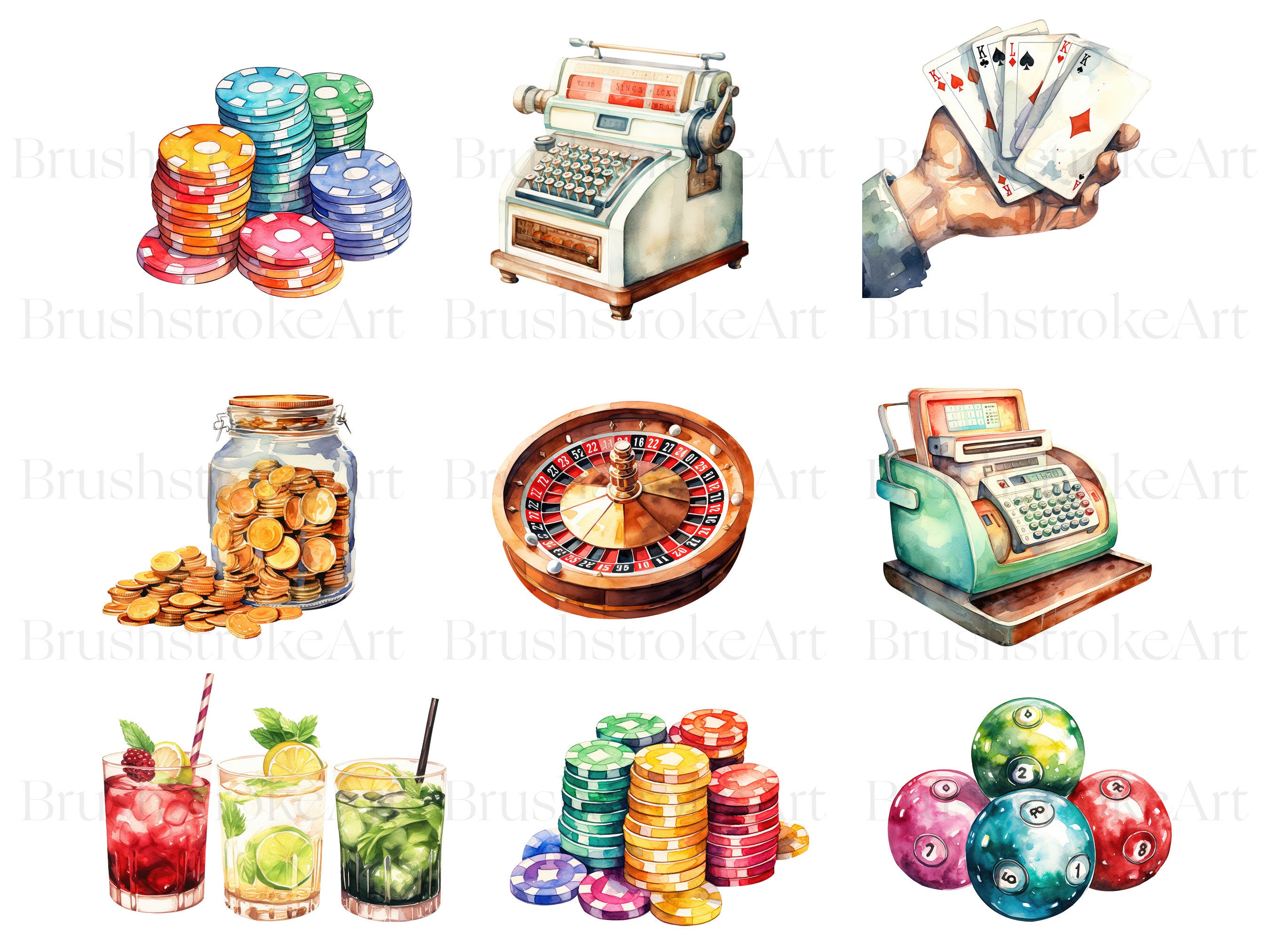 Watercolor Casino, Slot Machine, Jackpot, Poker Chips, Playing Cards ...