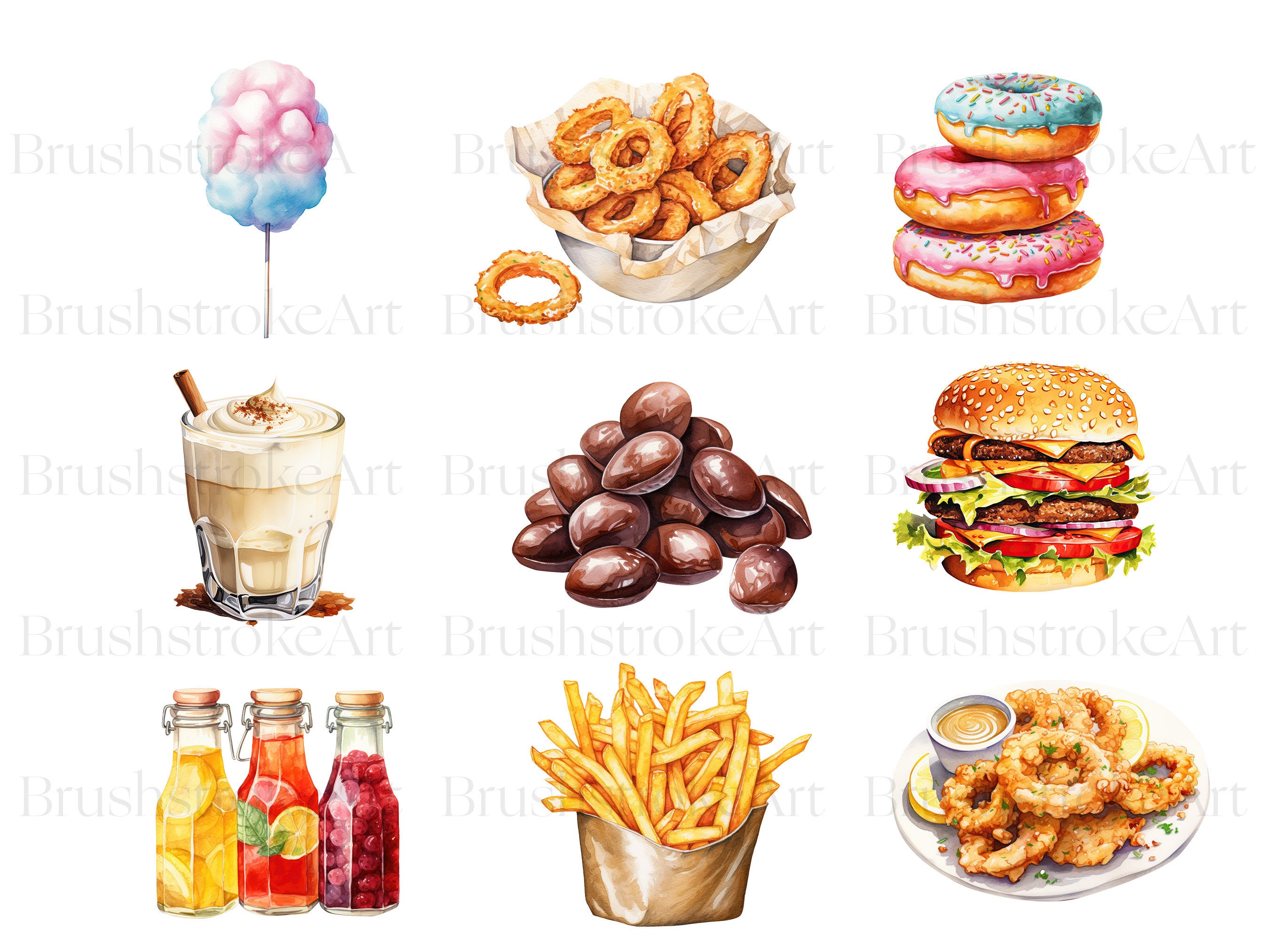 Junk Food Clipart, Watercolor Dessert, Donut, Pizza, Soda, Drinks ...