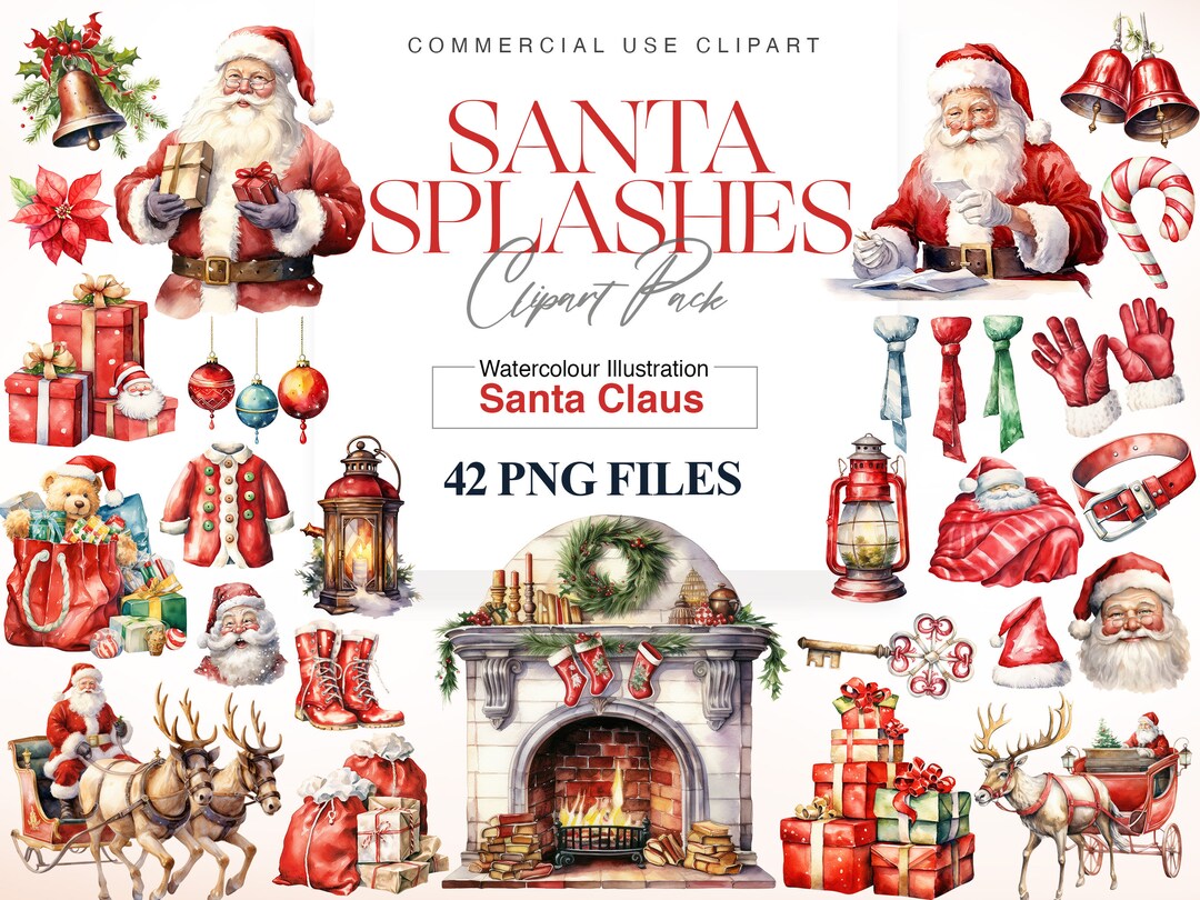 Watercolor Santa Claus Clipart, Christmas Tree, Ornaments, Decoration ...