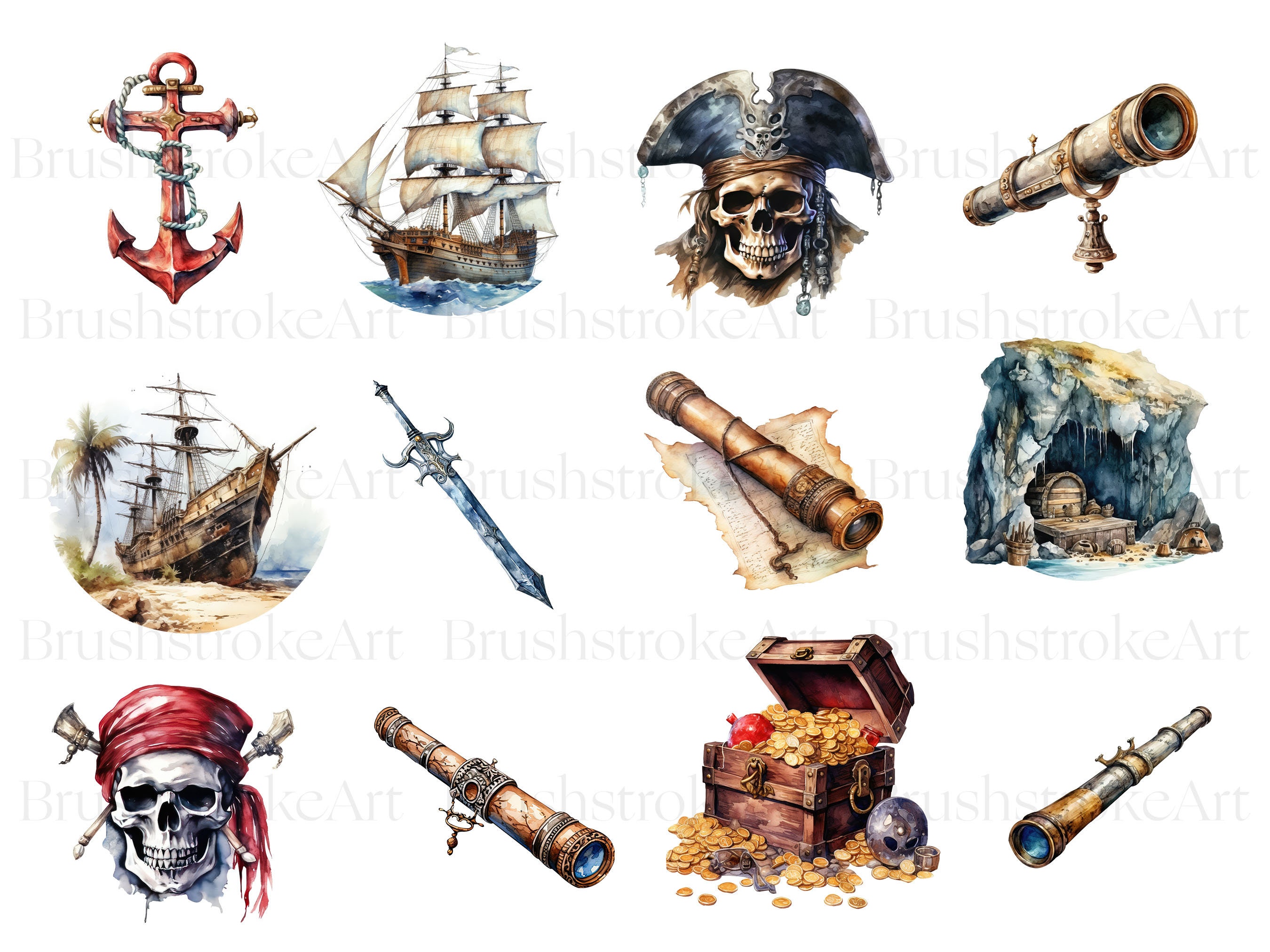 Watercolor Pirates Clipart, Pirate Ship, Hat, Boots, Skull, Treasure ...