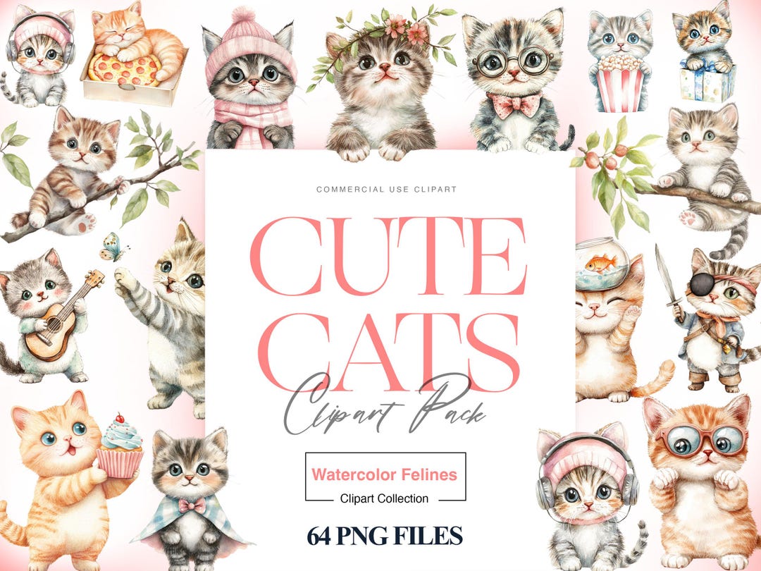 Watercolor Cute Cats Clipart, Flower Cat, Funny, Teacup Kitten Clipart ...