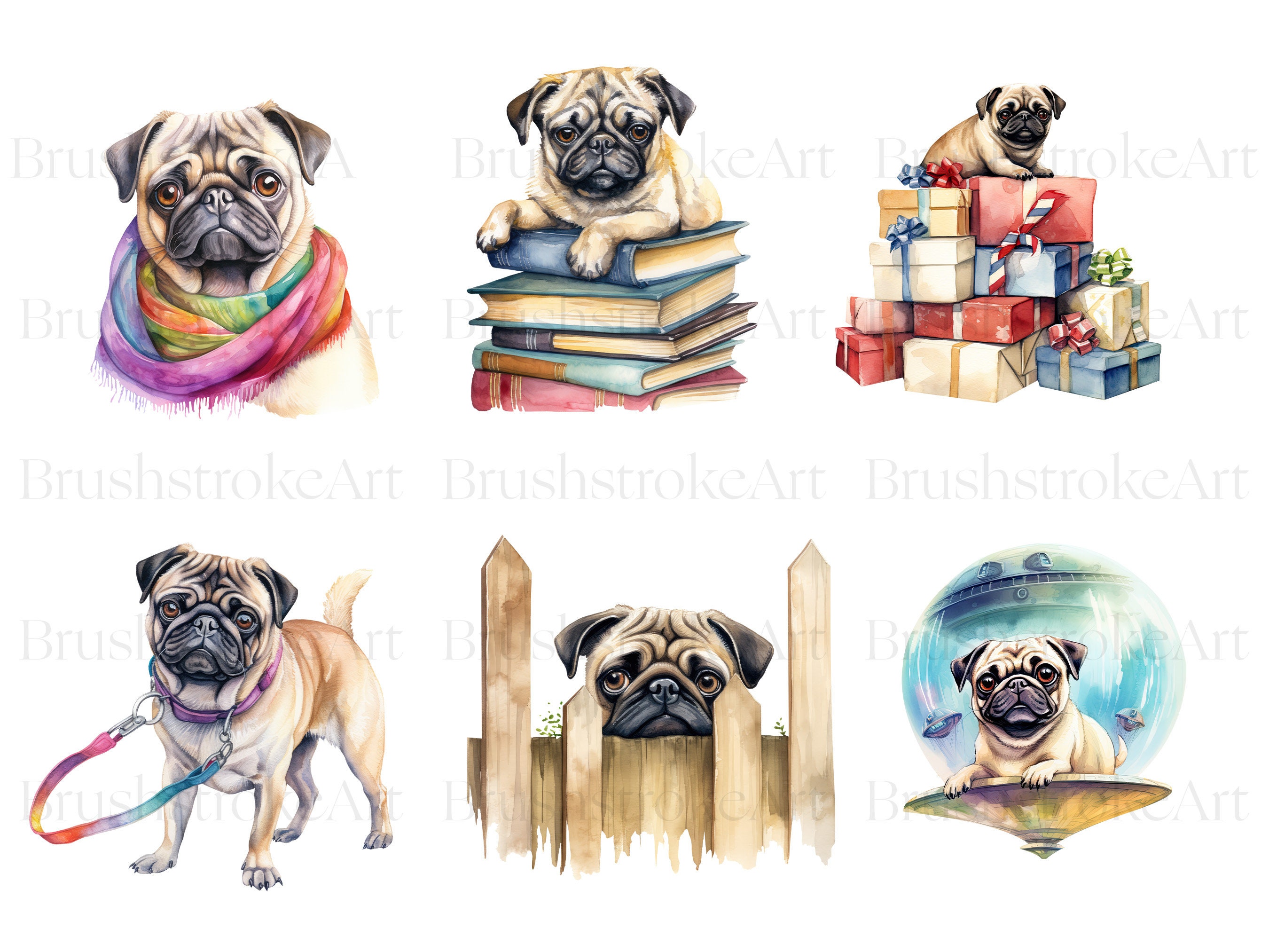 Watercolor Pug Clipart, Black Pug Puppy, Floral Dog, Kawaii Pug Chubby ...