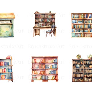 Watercolor Library Clipart, Library Books Clipart, Bookshelf, Library ...