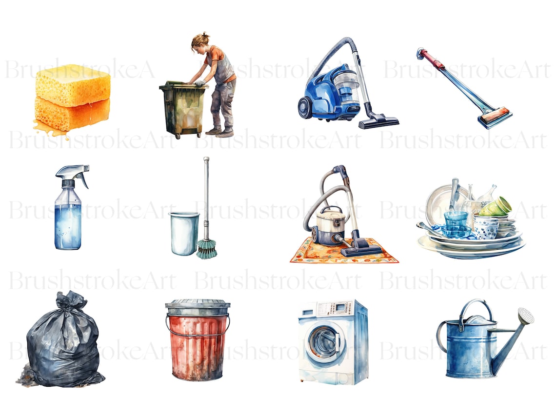 Watercolor Cleaning Clipart, House Chores, Laundry, Sponge, Bucket ...