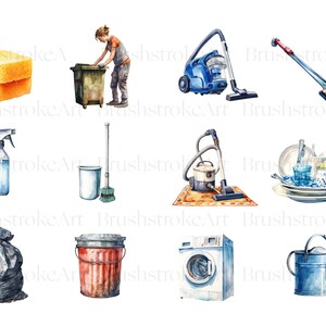 Watercolor Cleaning Clipart, House Chores, Laundry, Sponge, Bucket ...