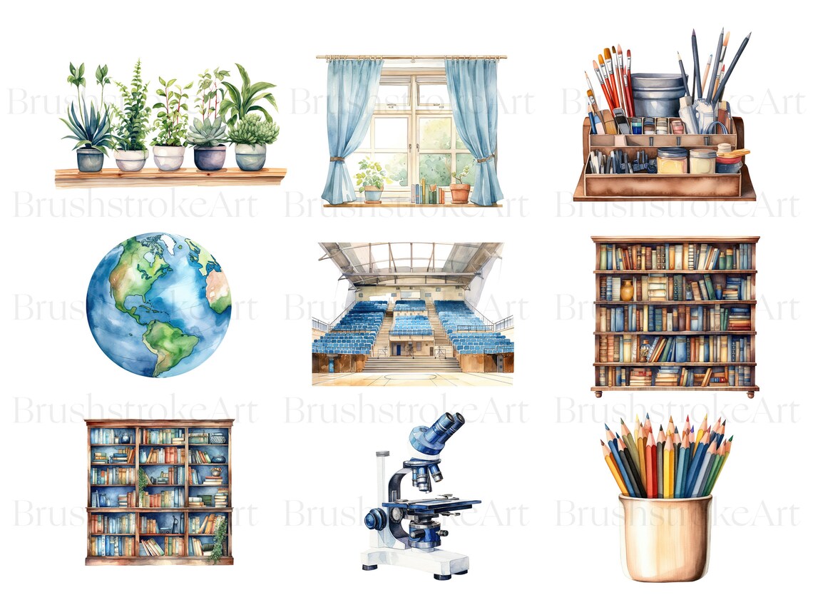 Watercolor Classroom Clipart, Back to School Graphics, Backpack, School ...