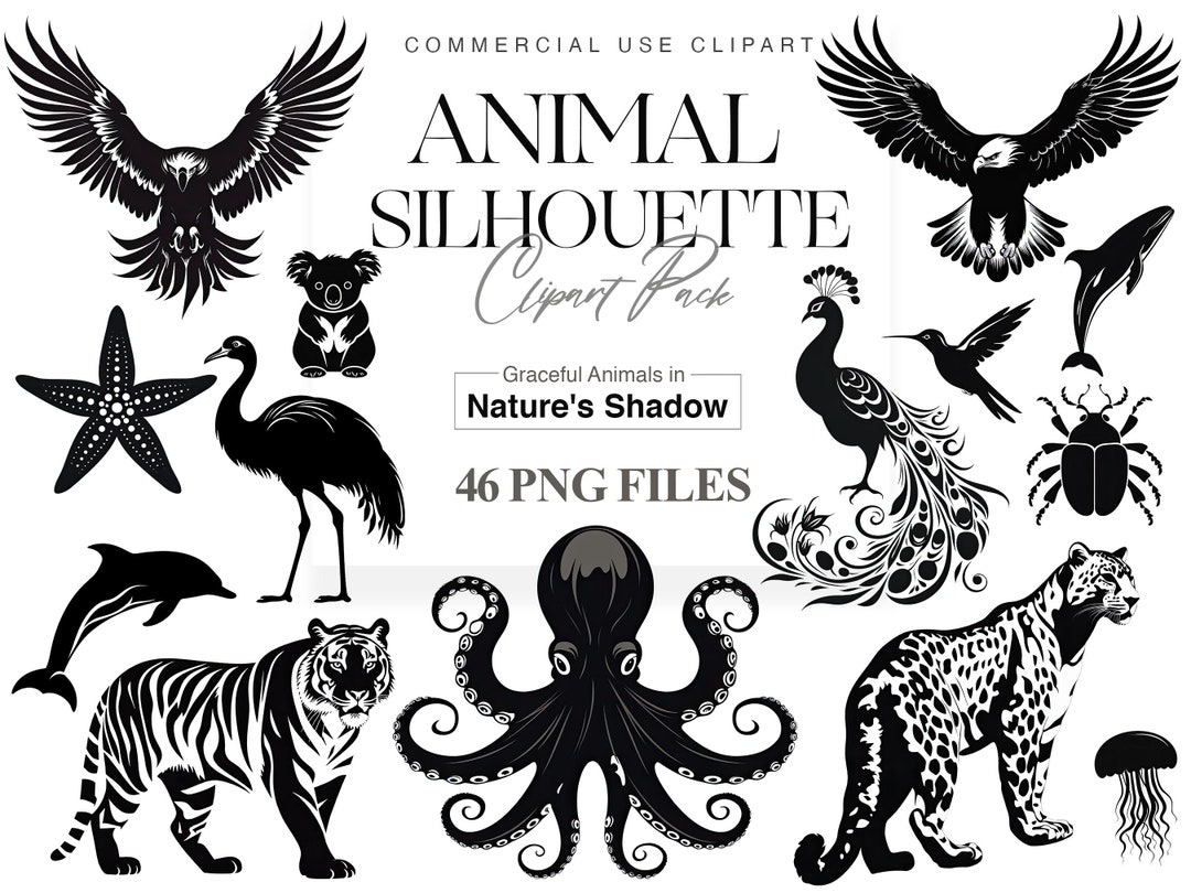 Animal Silhouette Clipart, Giraffe, Cat, Birds Silhouette, Elephant ...