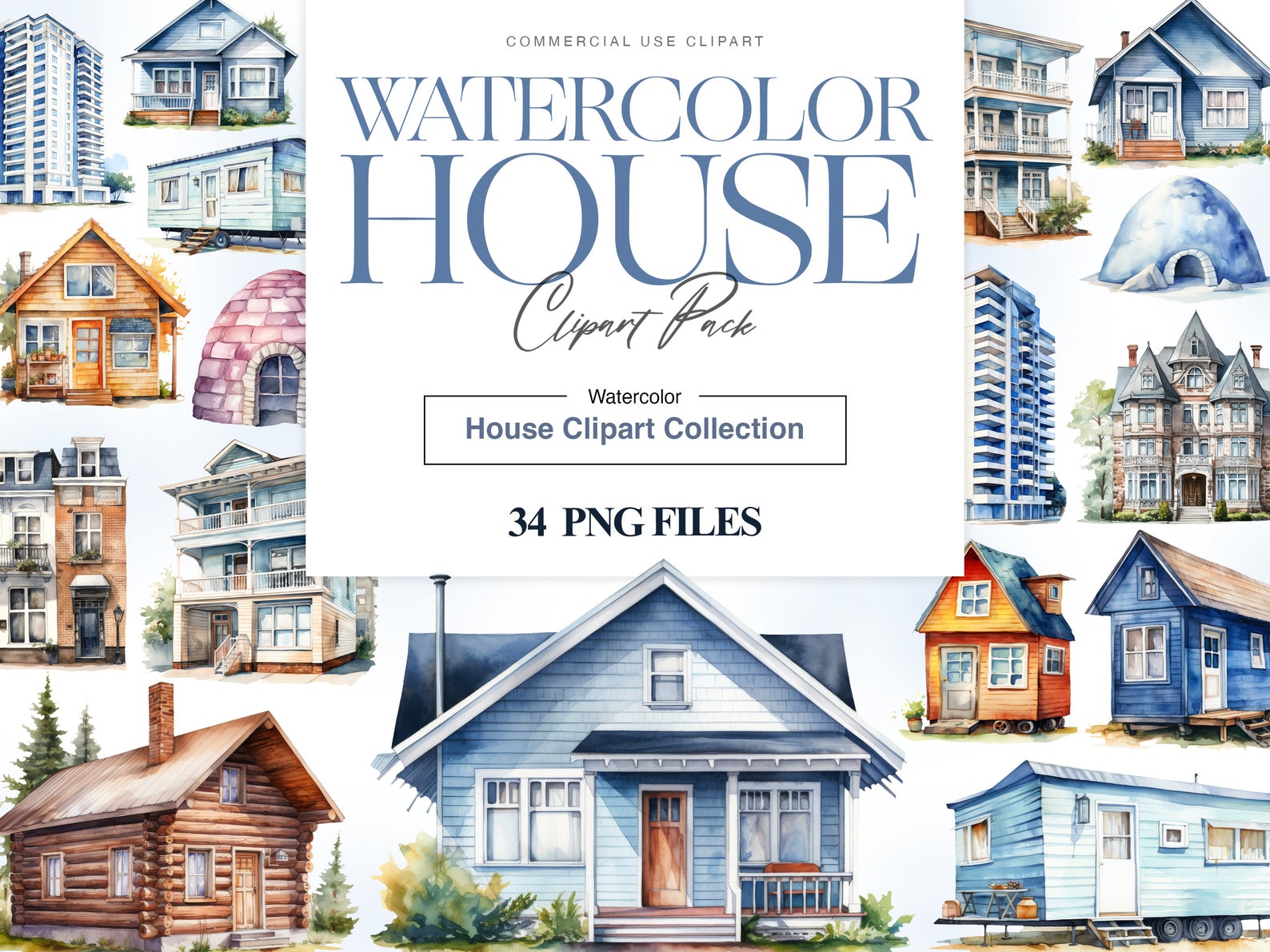 Watercolor Houses Clipart, Cottage Clipart, Townhouse Clipart, Mansion ...