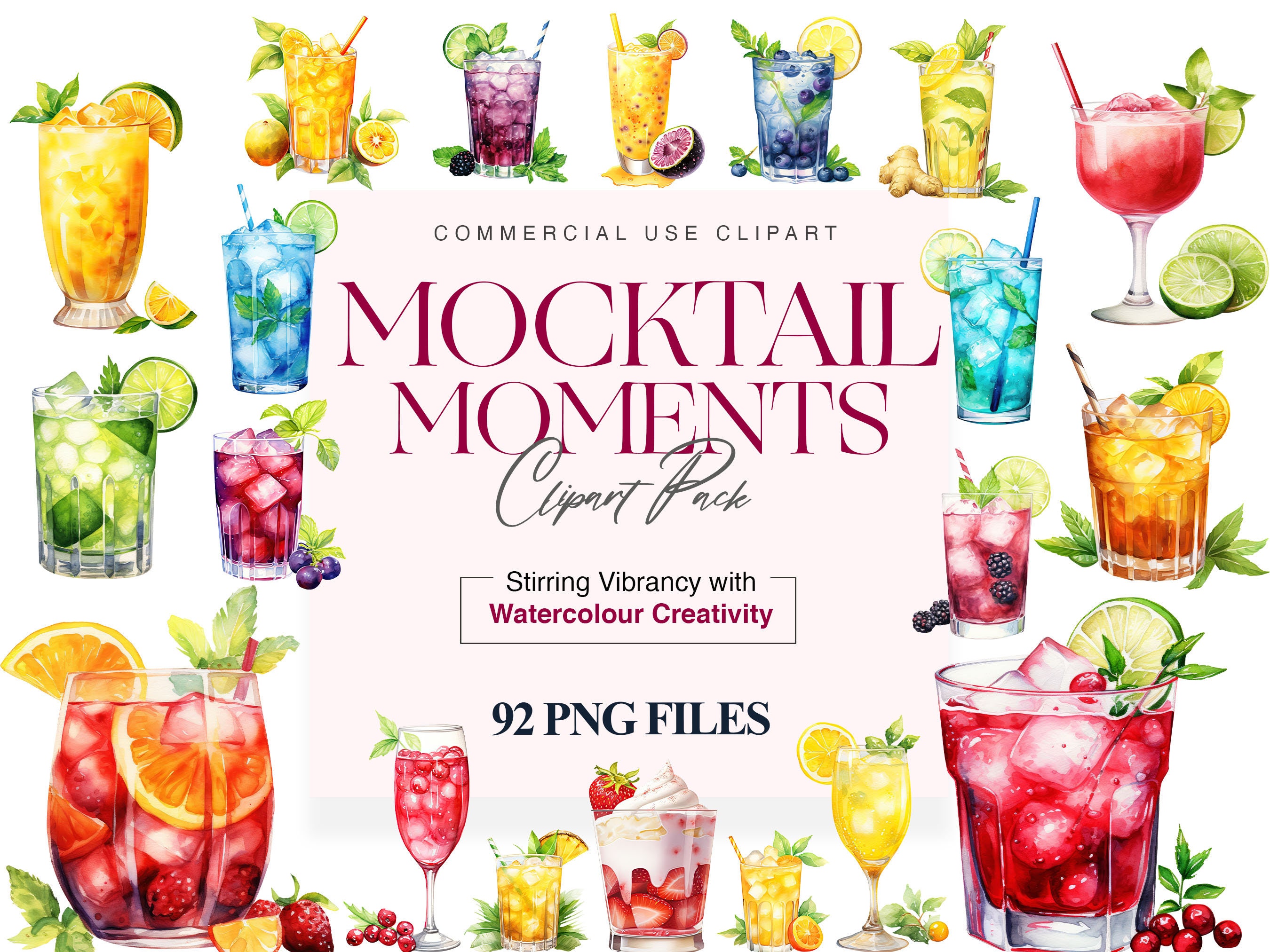 Mocktail Moments Clipart Pack: 92 Watercolor Digital PNG, High ...