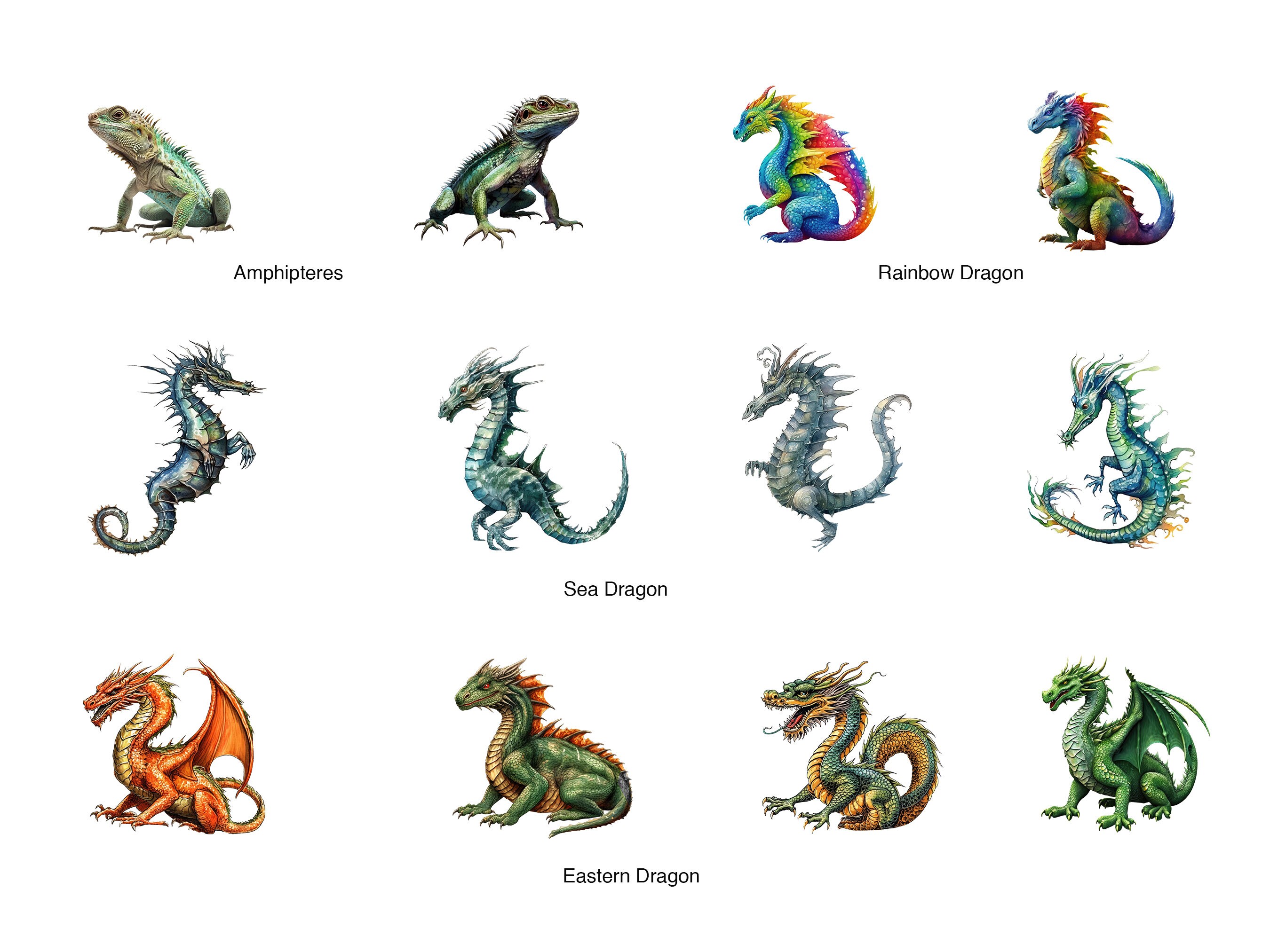 Watercolor Dragon Clipart : Collection of Diverse Dragons PNG Graphics ...