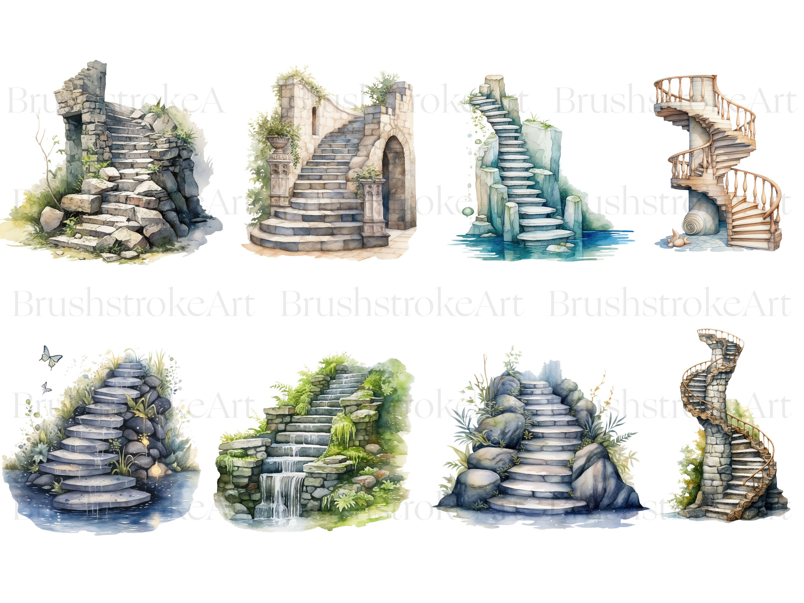 Watercolor Stairs Clipart, Fantasy Stone Steps, Mossy, Garden, Floral ...
