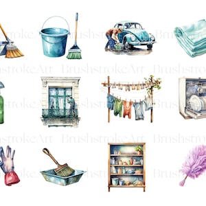 Watercolor Cleaning Clipart, House Chores, Laundry, Sponge, Bucket ...