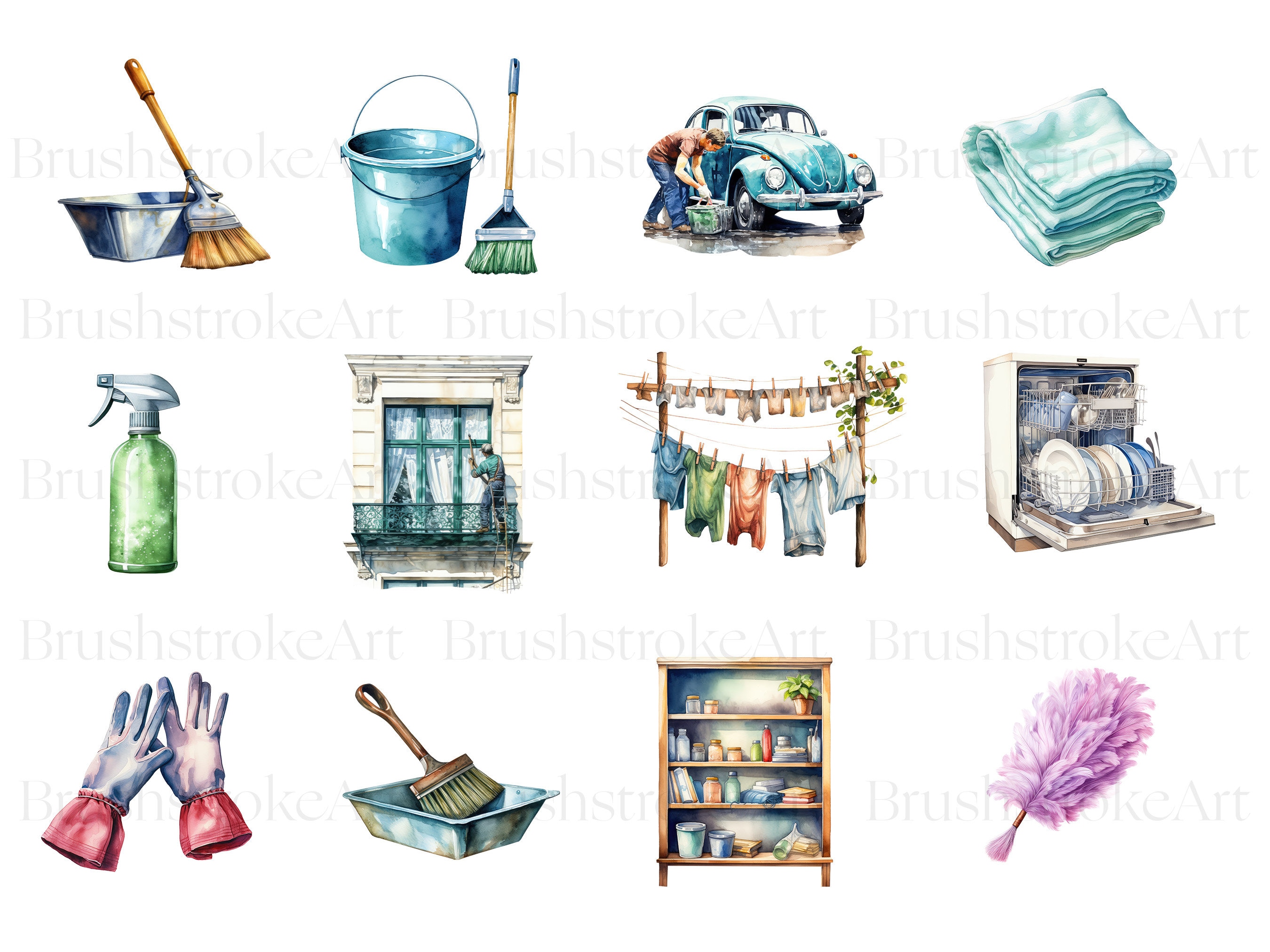 Watercolor Cleaning Clipart, House Chores, Laundry, Sponge, Bucket ...