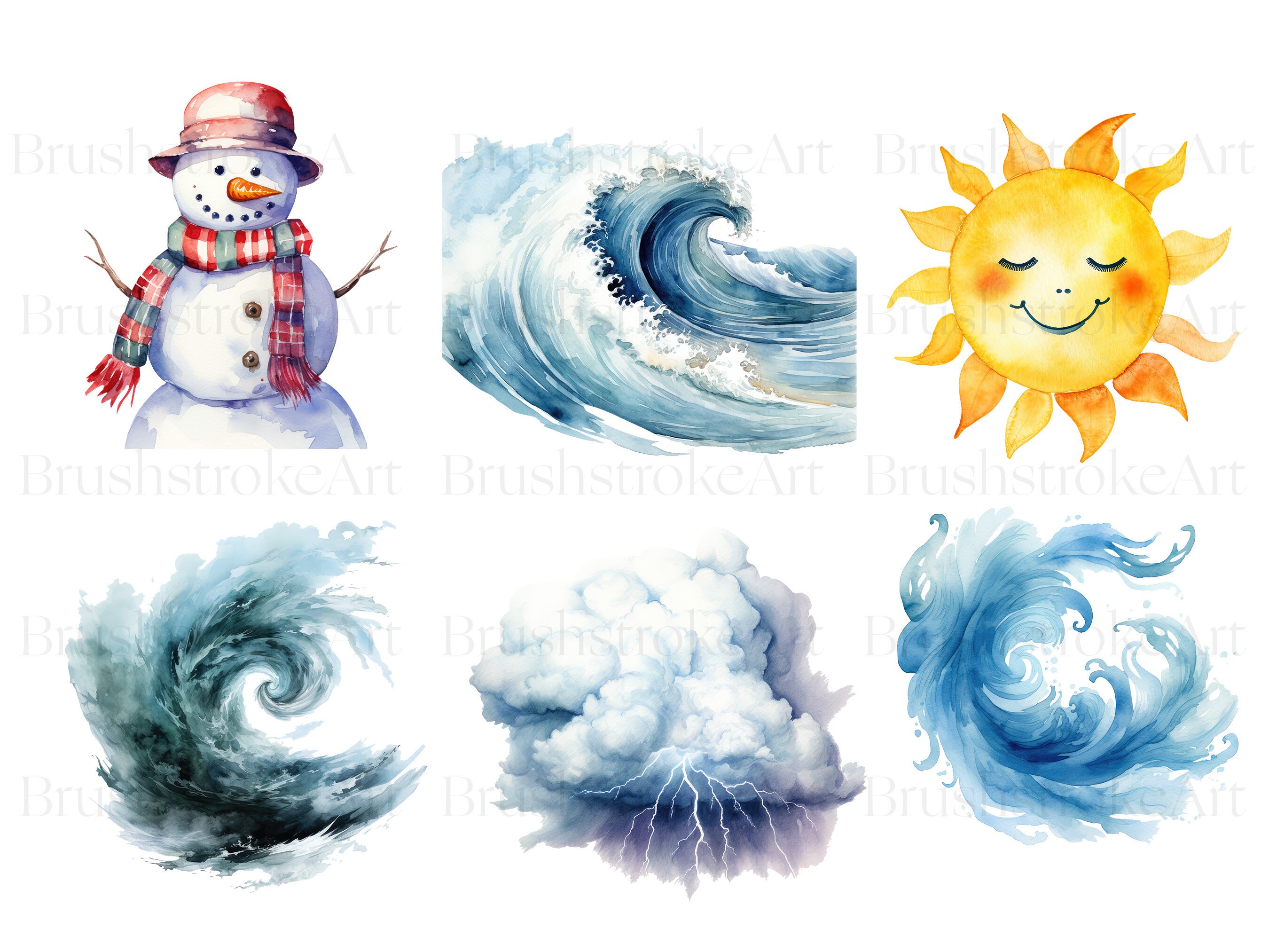 Watercolor Weather Clipart, Storm, Cloud, Thunder Lightning, Rainbow ...