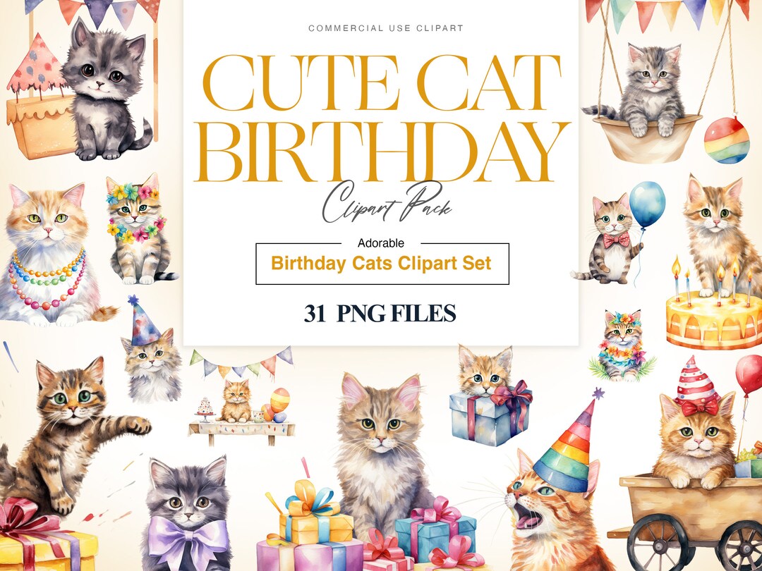 Cat Birthday Clipart, Kawaii Birthday Cats, Cute Kitten Clipart, Cat ...