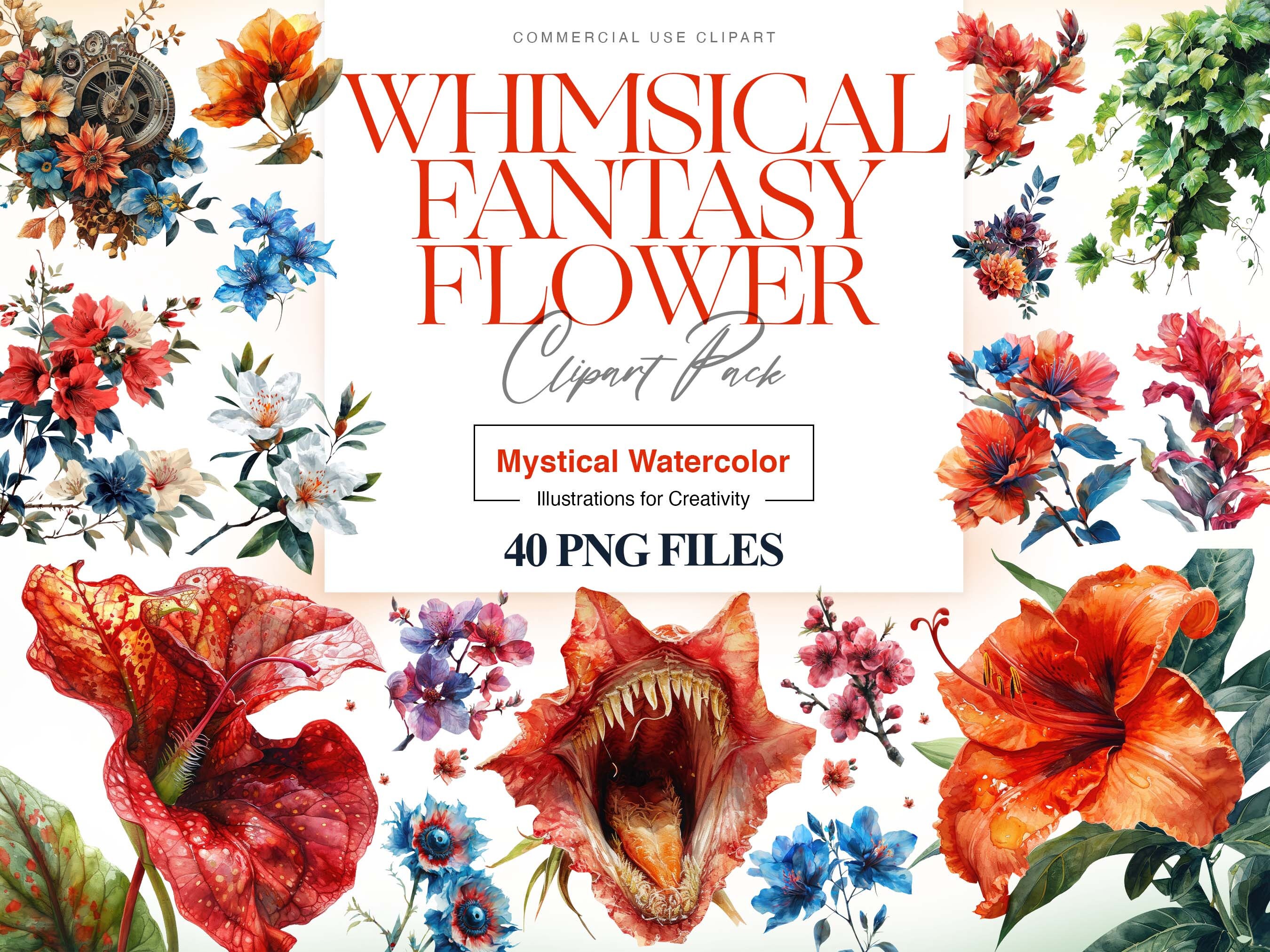 Watercolor Fantasy Flowers Clipart, Plant With Tounge, Plant Monster ...
