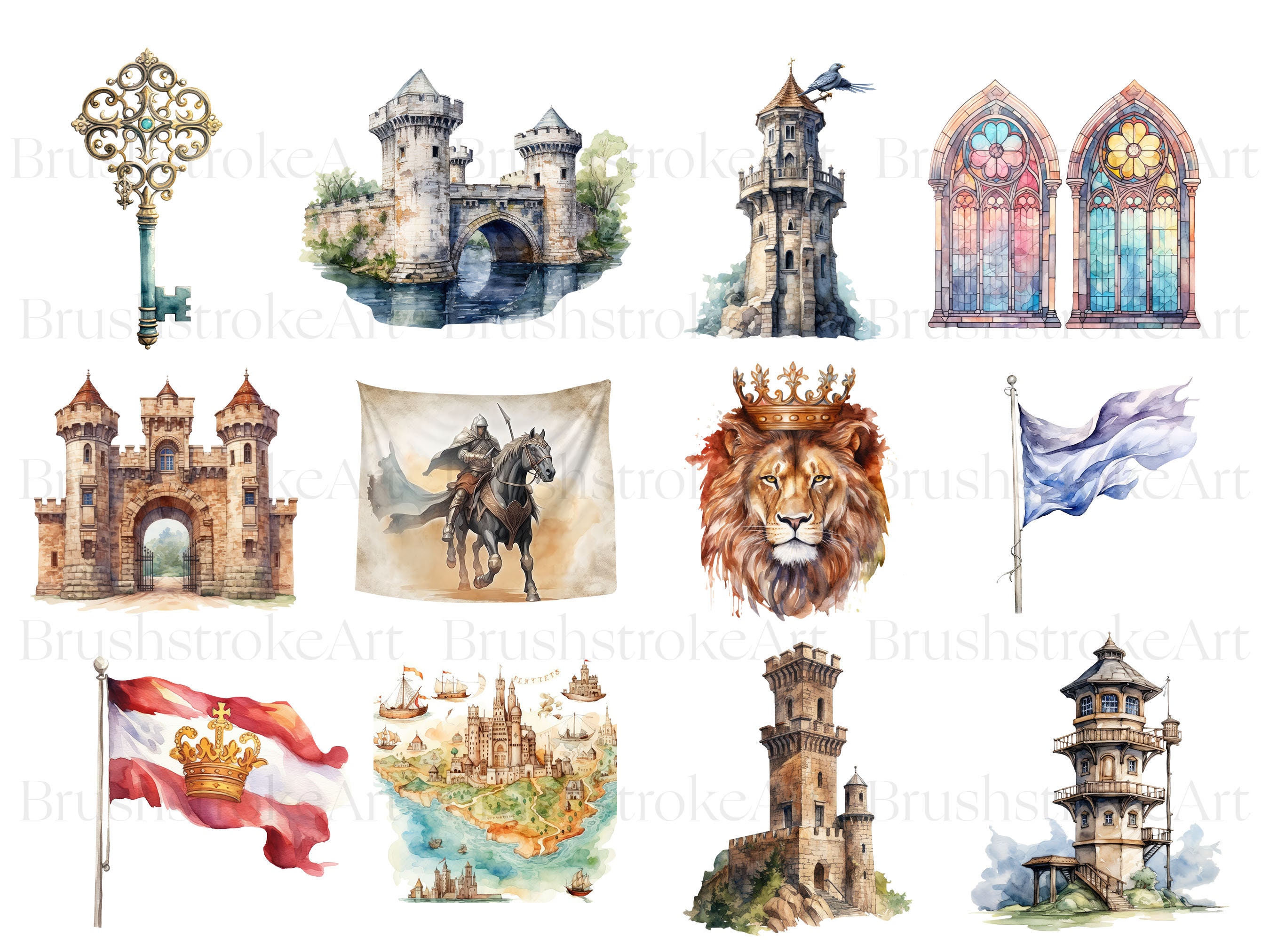 Watercolor Royal Clipart, Princess, Knight, Fairytale, Dragon, Vintage ...