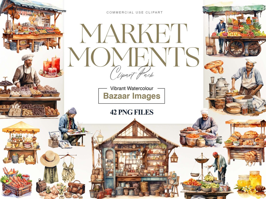 Watercolor Market Clipart, Farmers Market, Fish Market, Fruits Basket ...