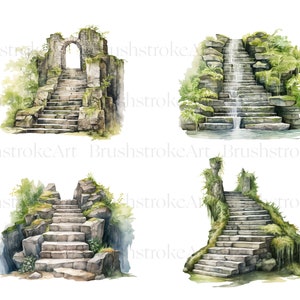 Watercolor Stairs Clipart, Fantasy Stone Steps, Mossy, Garden, Floral ...