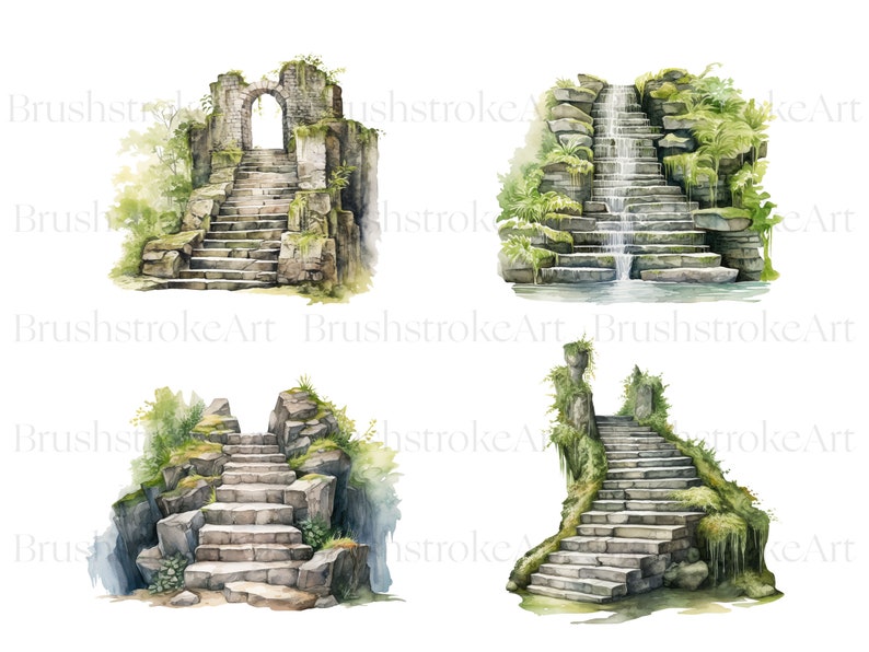 Watercolor Stairs Clipart, Fantasy Stone Steps, Mossy, Garden, Floral ...
